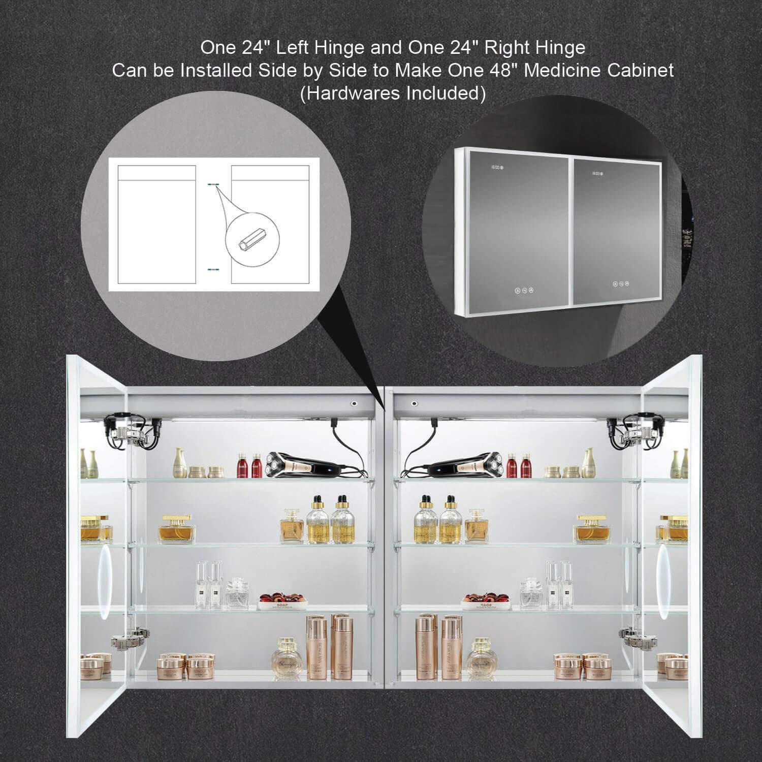 Recessed or Surface LED Mirror Medicine Cabinet with Lights, LED Medicine Cabinet w/Defogger, Dimmer, 3X Makeup Mirror, Outlets & USB (24x32/Right Hinge/Zoom Mirror)