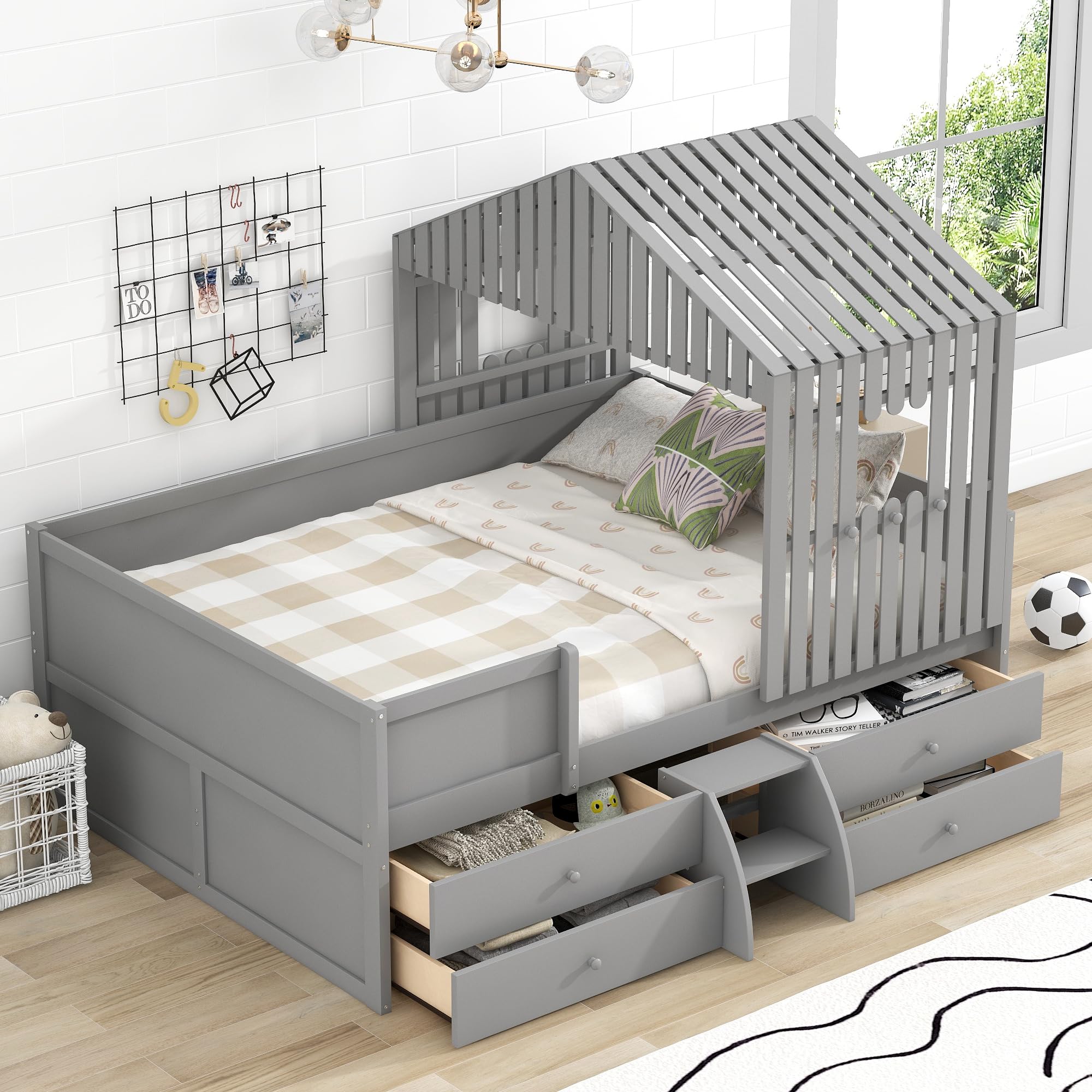 LostCat Full Bed with Storage, Full Size House Low Loft Bed with 4 Drawers, Wooden Platform Bed Frame with Stairs & Guardrail for Kids Teens Adults, No Box Spring Needed, White