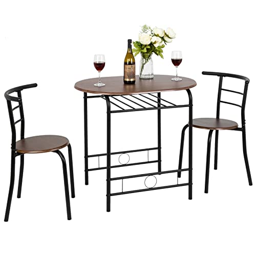 VINGLI 3 Piece Dining Set,Small Kitchen Table Set for 2,Breakfast Table Set for 2,Kitchen Wooden Table and 2 Chairs for Small Space/Dining Room/Apartment,Metal Frame,Wine Rack,Black&Walnut