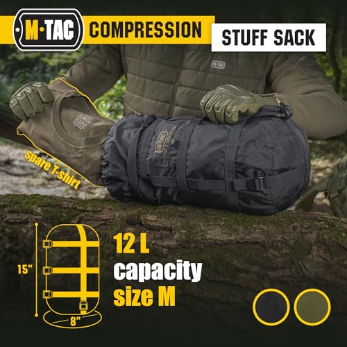 M-Tac Sleeping Bag Compression Stuff Sack Military Water Resistant Compression Bag Lightweight Nylon Compression Sack for Travel, Camping, Hiking, Outdoor (Olive, M - 12 liters)