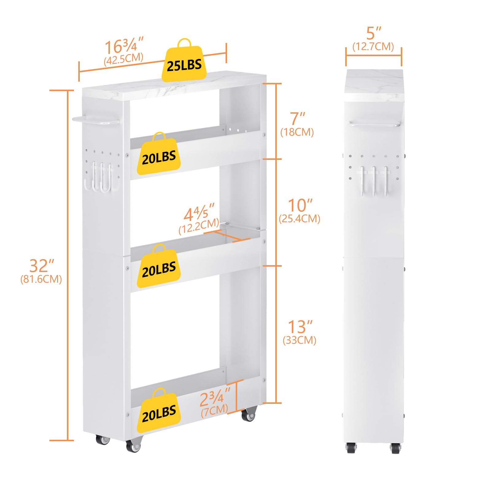 CHLORYARD Slim Storage Cart, 4-Tier Kitchen Rolling Cart Narrow Storage Cabinet with Handle & Wheels, Metal Rolling Shelf Unit for Kitchen Bathroom Laundry Small Places(5 in Width/White)