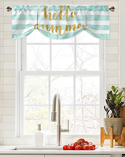 Tie-up Valances for Windows HELLO SUMMER Gold Round Spots on Blue and White Stripes Kitchen Window Curtains Adjustable Farmhouse Valance Curtains for Bedroom Living Room Bathroom 42x12in, 1 Panel