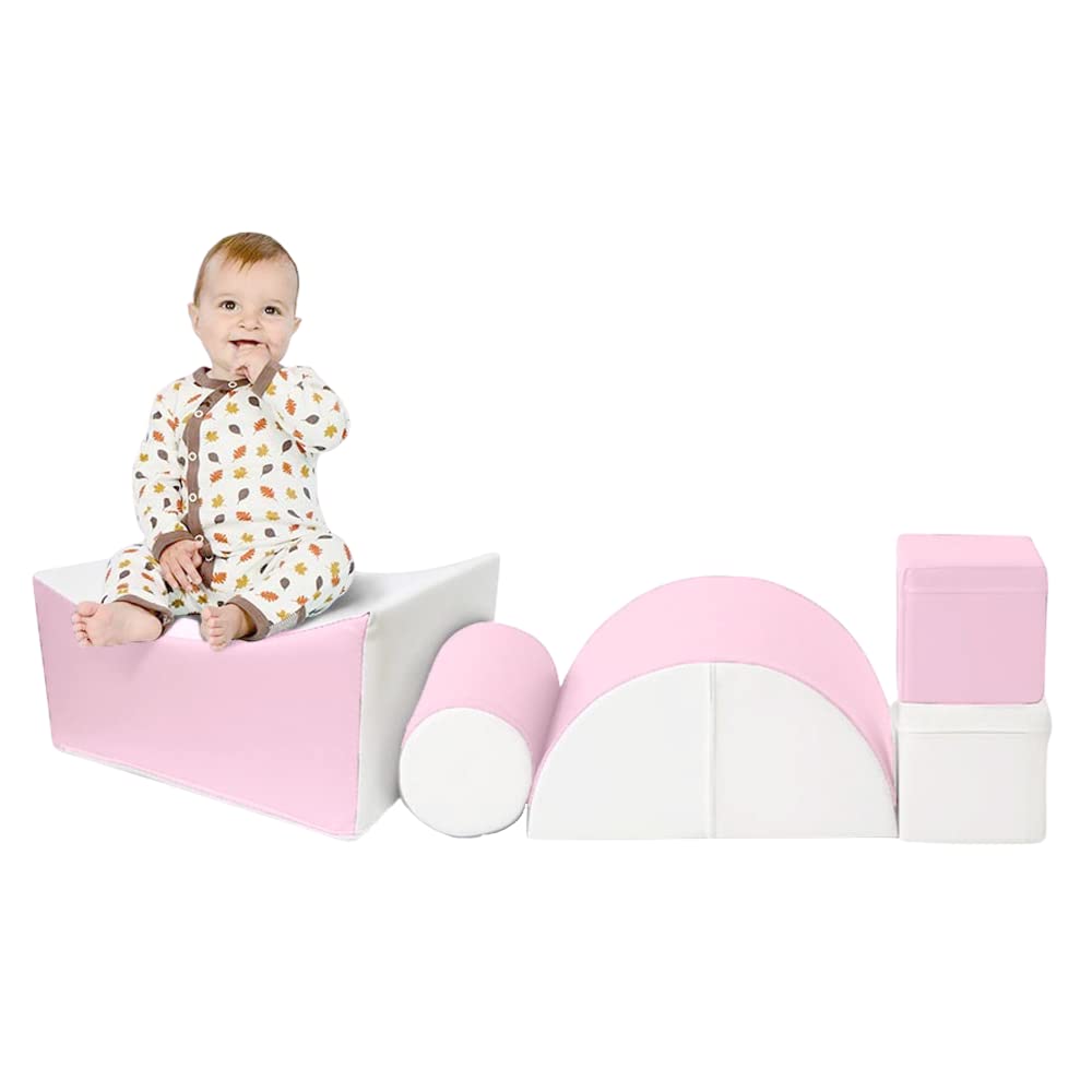 Wonder Space Climb and Crawl Soft Foam Play Set, Indoor Room Preschool Corner Baby Stage Slide Activity Play Structure, Motor Skills Early Development Gym Toy for Toddlers (Pink, Medium Size, 5pcs)