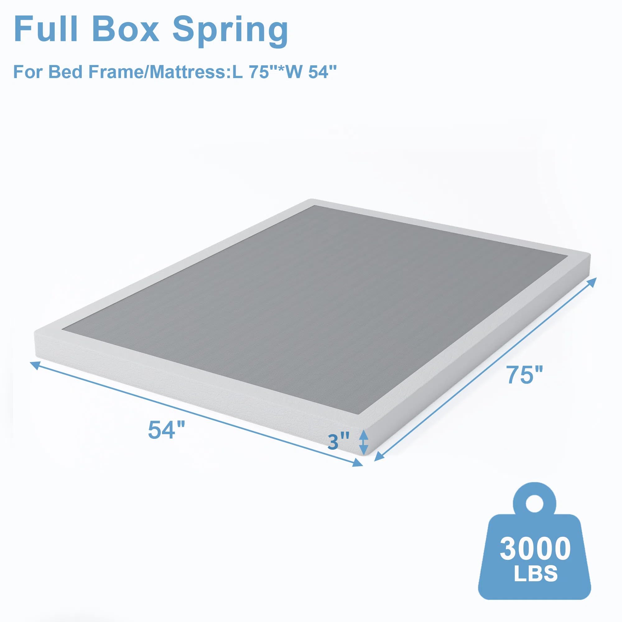 HOBINCHE Full Box Spring 3 Inch, Low Profile Box Spring for Full Bed, Heavy Duty Mattress Foundation,Metal Bed Base with Fabric Cover/Non-Slip/Easy Assembly