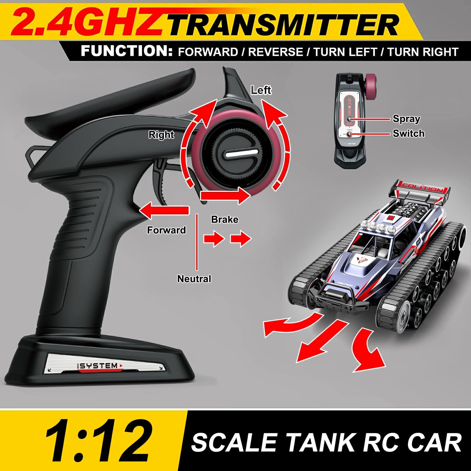 Gamegood 1:12 Scale High Speed Remote Control Tank,2.4Ghz RC Rock Crawler Off-Road 4WD 360°Rotating Drifting Car Spraying LED Light RC Tank for Kids