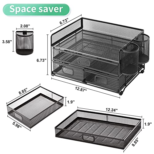 Desk Organizer with Drawers -3 Tier Desktop Organizer with Pen Holder and Drawer, Multi-Functional Desk Organizers and Accessories, Mesh Paper Organizer for Home Office Supplies(No Assembly)