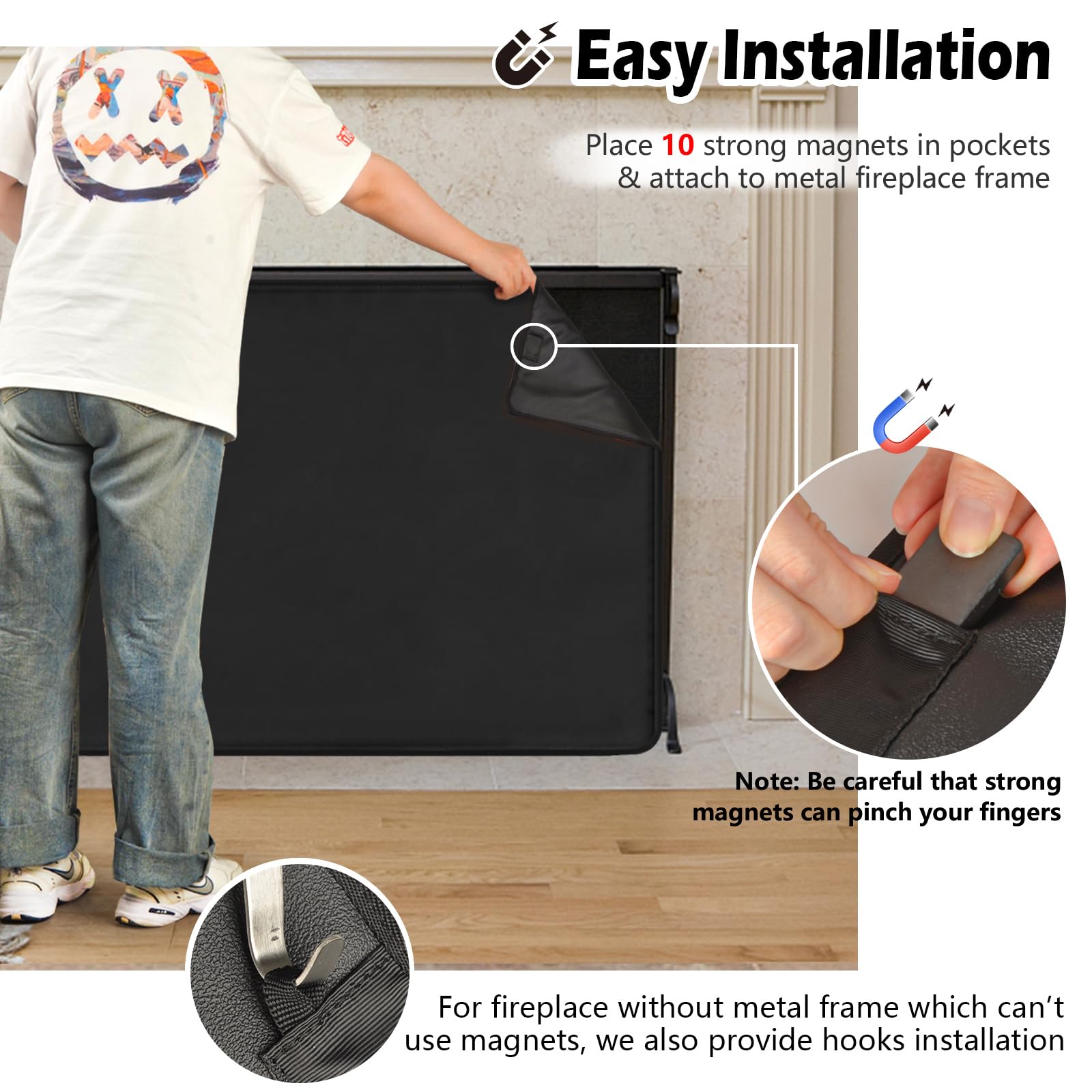Magnetic Fireplace Cover for Inside Fireplace Stops Heat Loss, Fireplace Blanket Draft Stopper for Winter & Summer, Hot & Cold Air Blocker, Black, 38”W X 31”H Insulated Fireplace Draft Cover