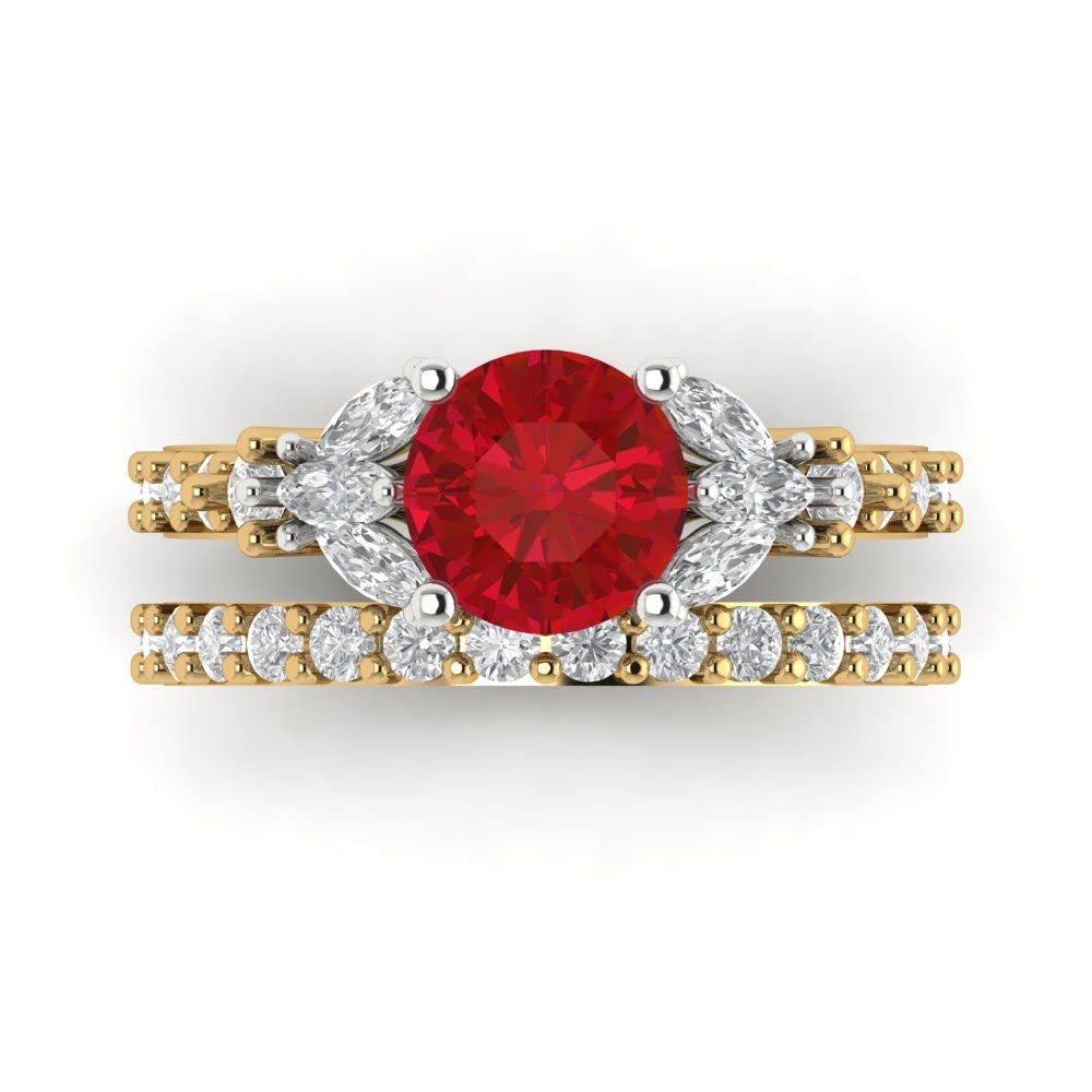 Clara Pucci 2.72ct Round cut 3 stone Genuine Simulated Ruby Engagement Promise Anniversary Bridal Ring Band set 18K 2 tone Gold 3.5