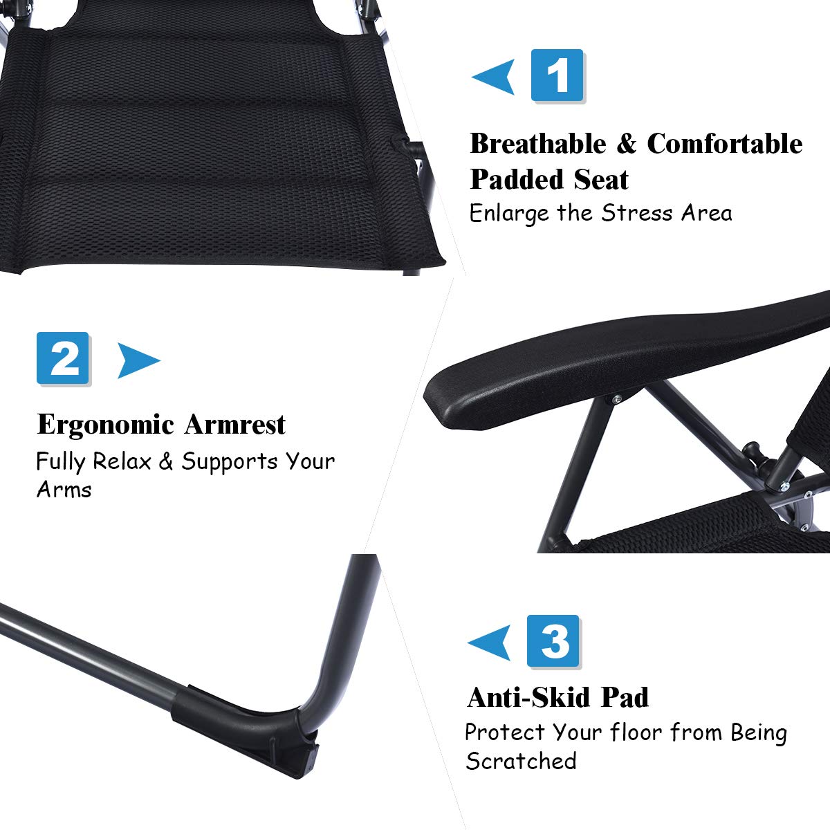 Giantex Set of 2 Patio Chairs, Folding Chairs with Adjustable Backrest, Outdoor Sling Chairs for Bistro, Deck, Backyard, Armchair with Padded Seat, 300 lbs Capacity (2, Black)