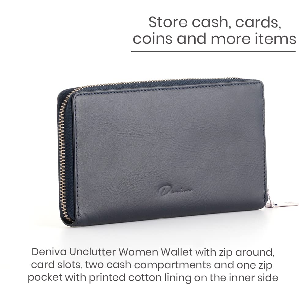 Deniva Unclutter Wallet with zip around, card slots, 2 cash compartments and one zip pocket with printed cotton lining on the inner side purse organizer - Beige
