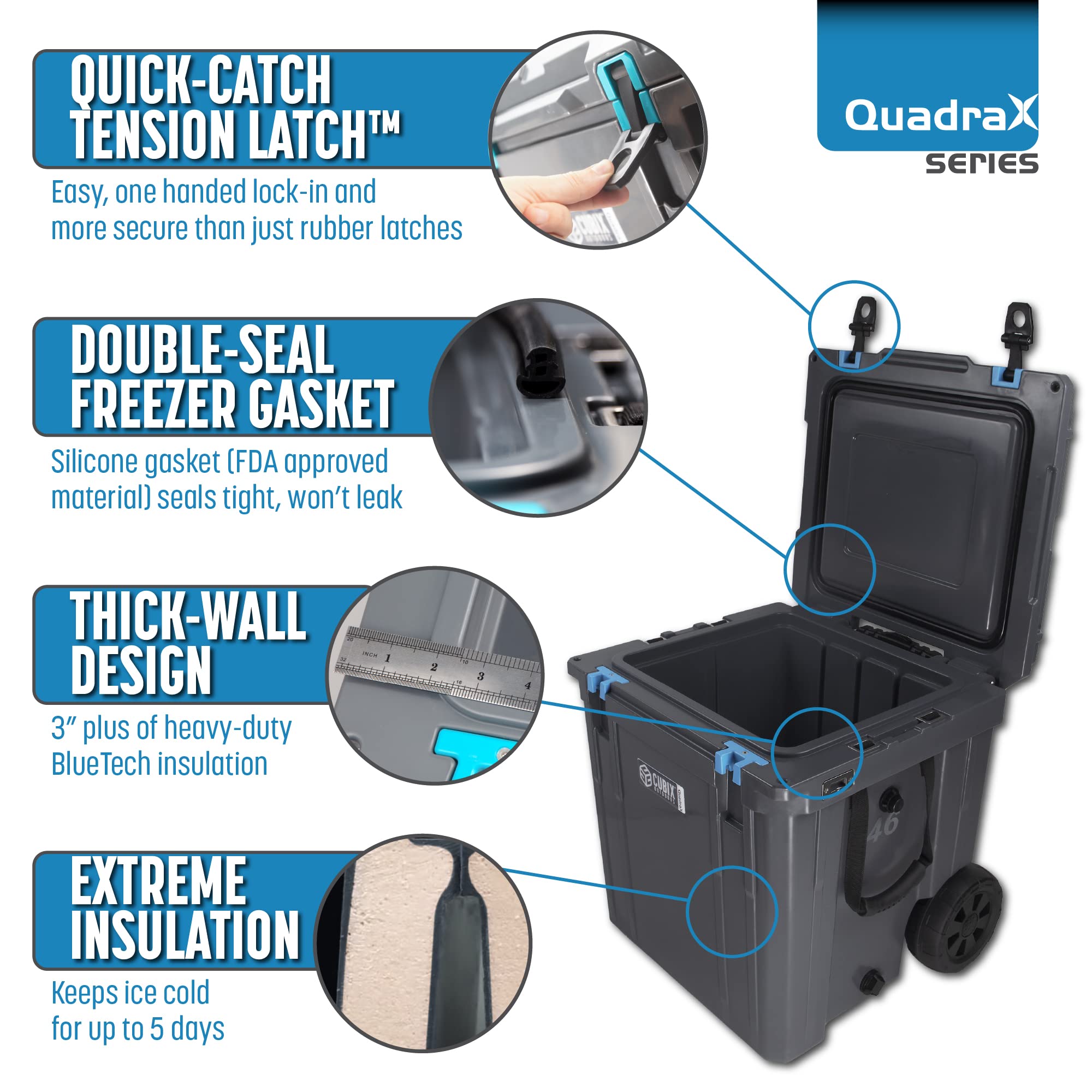 Cubix Outdoors QuadraX 46QT Wheeled Rotomolded Portable Hard Cooler for Camping, Fishing, Beach | Heavy Duty Insulated Ice Chest with Wheels and Handle | Cold Retention 5 Days