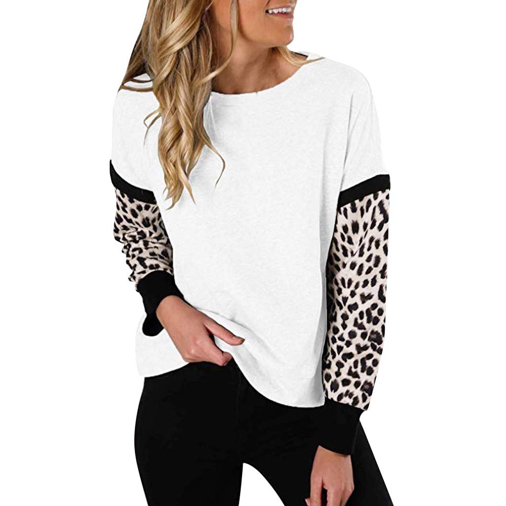 Women's Leopard Blouse Patchwork T-Shirt Autumn Pullover Casual Tunic Long Sleeve Tops (White,M)
