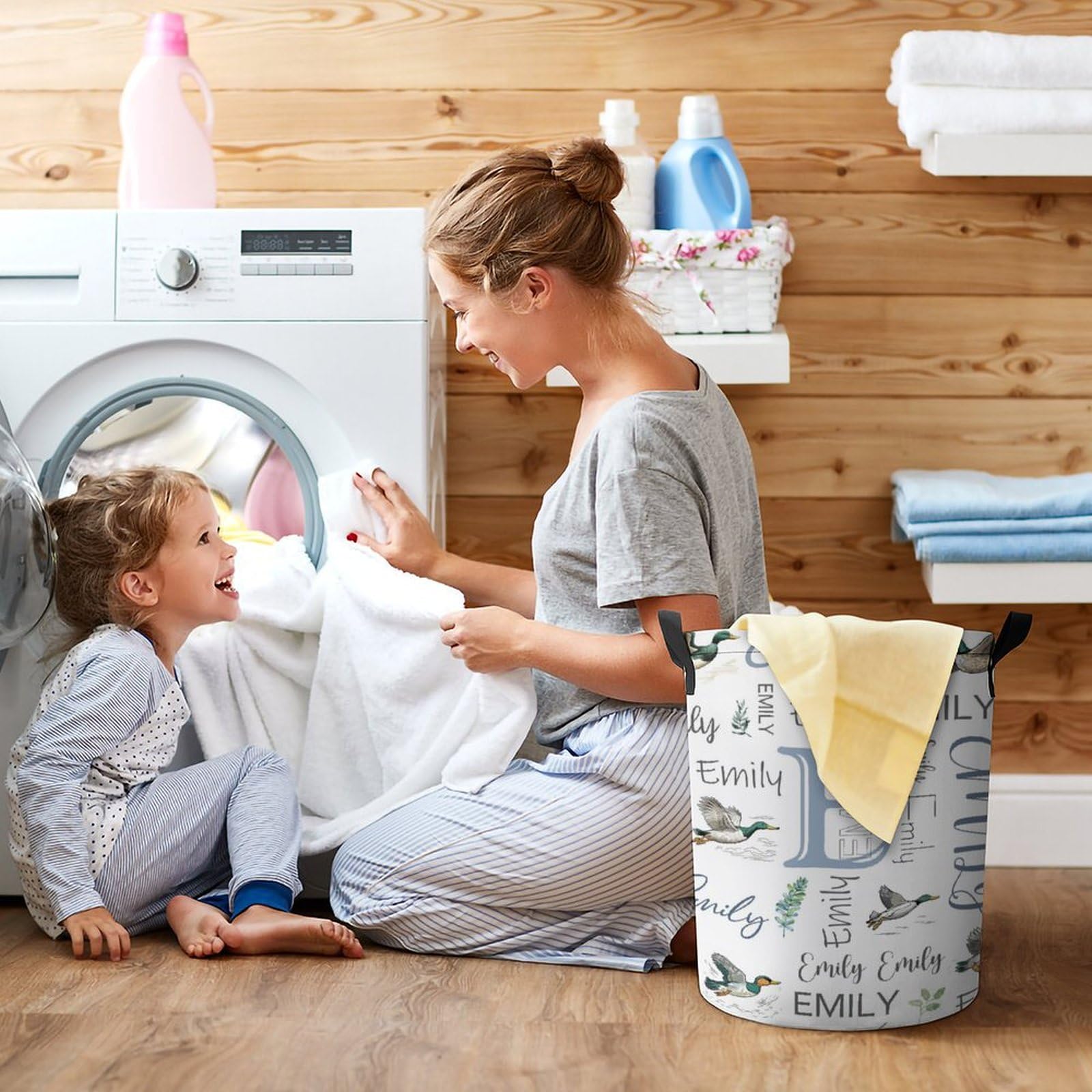 Mallard Duck Personalized Baby Laundry Basket Custom Name Nursery Hamper Collapsible Kids Laundry Hamper with Handles Durable Oxford Cloth Organizer for Clothes Storage Baby Gift Baskets