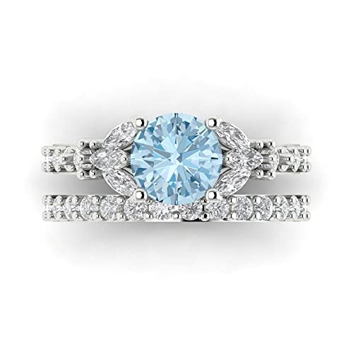 Clara Pucci 2.72ct Round Cut Custom Marquise 3 stone Sky Blue Topaz Engagement Wedding Bridal Ring Band set 18K White Gold Size 5.75