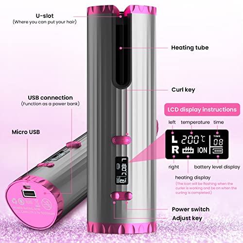 Cordless Hair Curler, Automatic Curling Iron with 6 Temps & Timer, Automatic Hair Curler, Ceramic Barrel Cordless Curler, Fast Heating Spin Curling Irons for Beginners