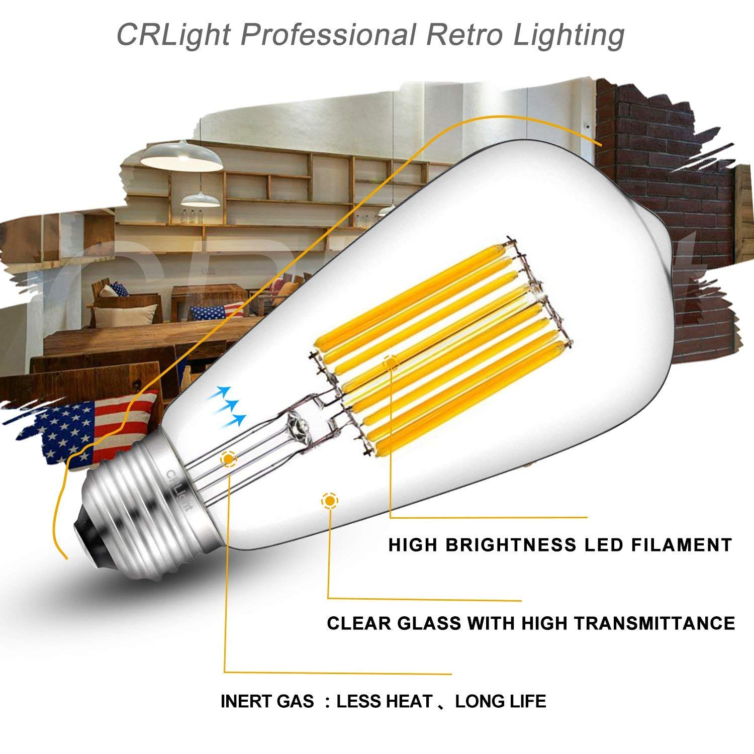 CRLight Dimmable LED Edison Bulb 15W 3000K Soft White 130W Equivalent 1300 LM, E26 Medium Base Antique ST64 Lengthened Filament LED Bulbs, Smooth Dimming Version, 2 Pack