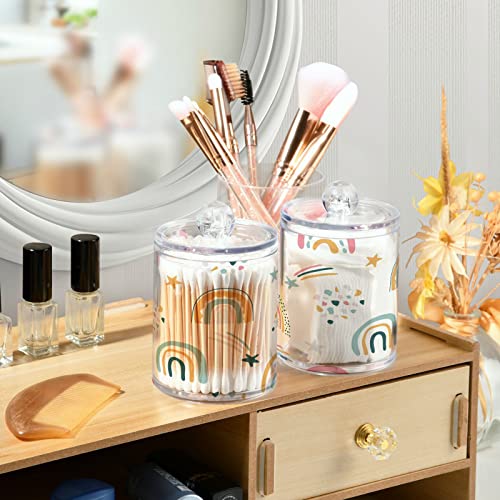 Kigai 2PCS Cartoon Rainbow Qtip Holder Dispenser with Lids - 14 oz Bathroom Storage Organizer Set, Clear Apothecary Jars Food Storage Containers, for Tea, Coffee, Cotton Ball, Floss