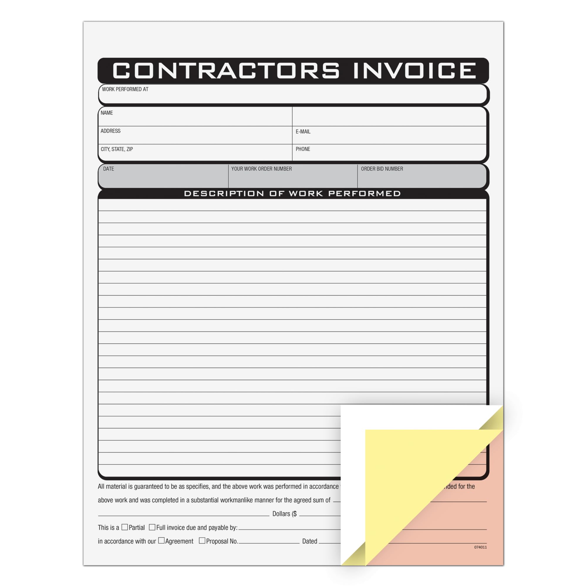 Cosco® Contractor Invoice Business Form Book with Slip, 8 1/2" x 11", 3-Part, 50 Sets (074011)
