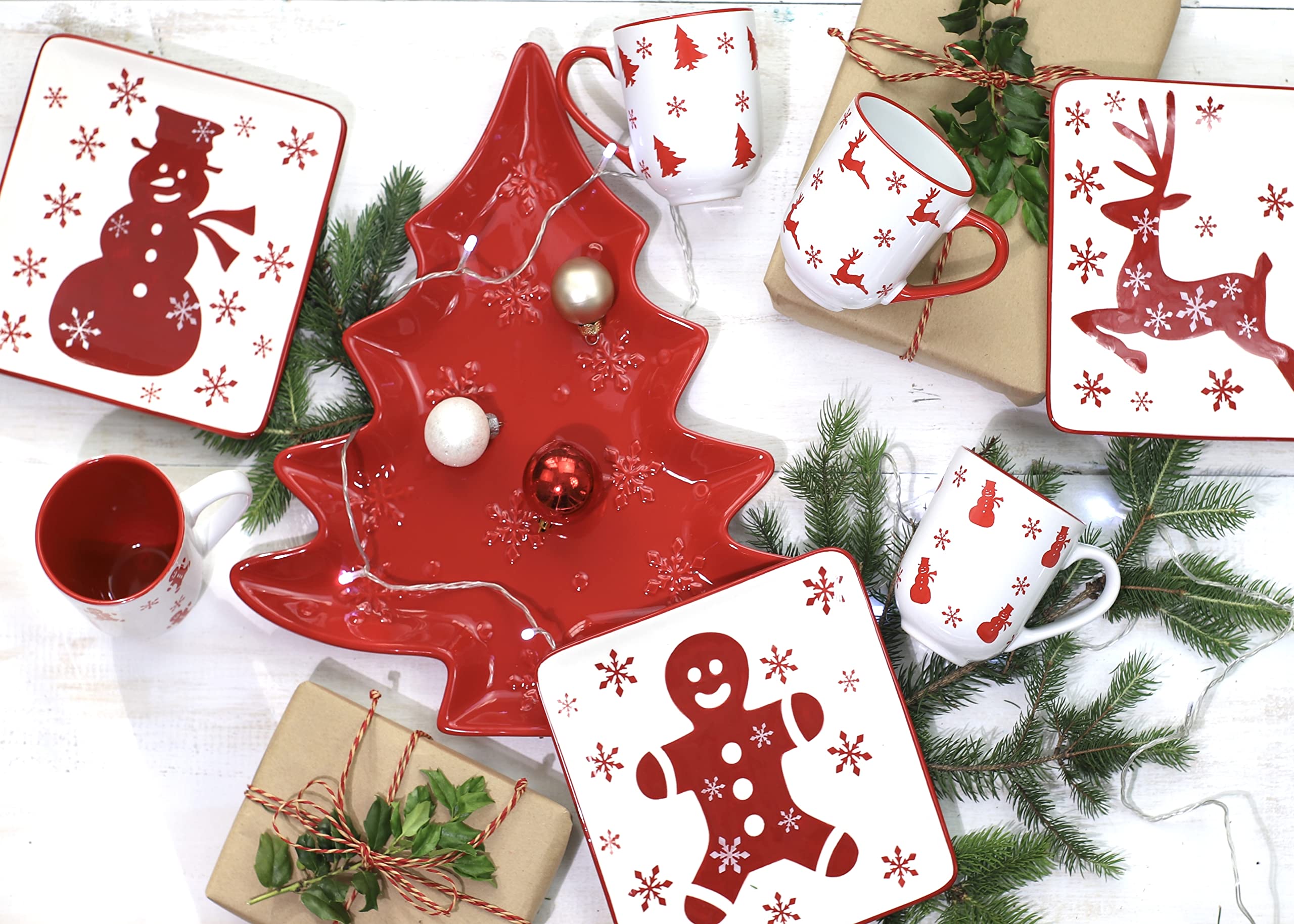 Euro Ceramica Winterfest Collection 4 Piece Mug Set | Festive Assorted Parttern | Stoneware Mugs Set |Hand-Stamped Holiday Design, Red & White Assorted Holiday Patterns| Winterfest nGift Set