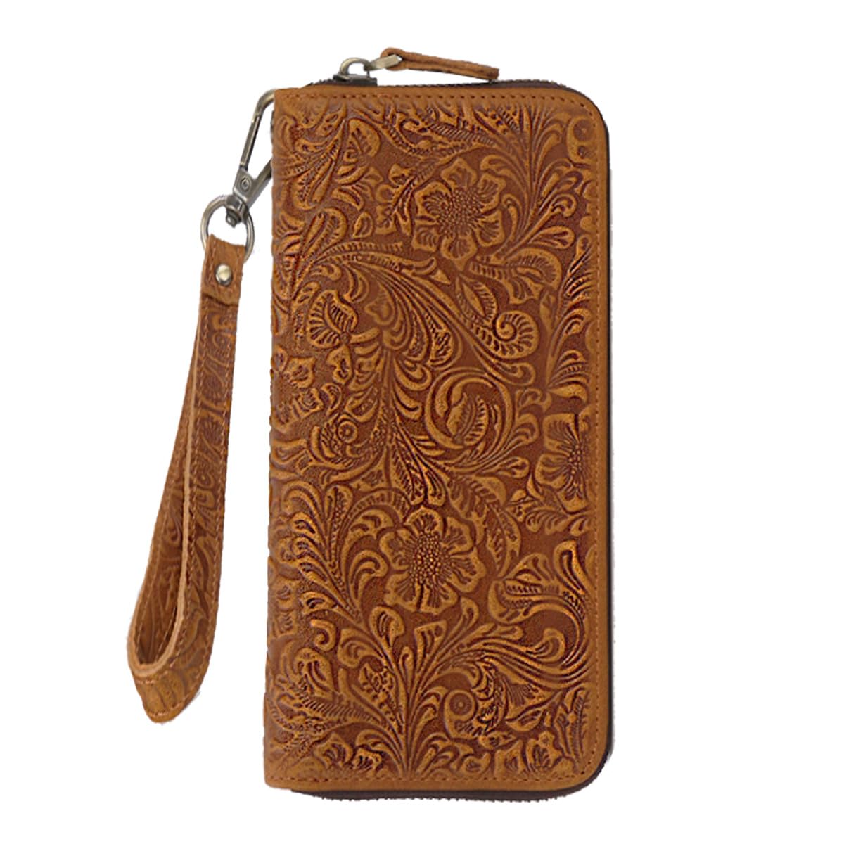 GUZUHUKU Vintage Embossed Zipper Wallet, Womens Wallets Large Capacity Detachable Wrist Strap Clutch Purses Perfect for Travel and Dating