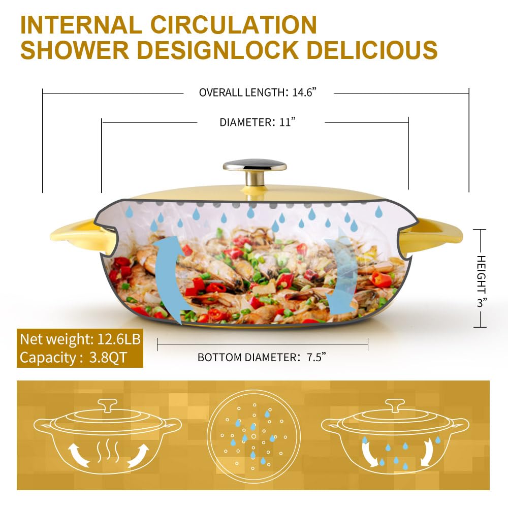 M-COOKER 3.8 Quart Enameled Cast Iron Braiser Pan with Lid,Covered Cast Iron Casserole Dish, Shallow Dutch Oven with Lid, Gift Idea for Family, Oven Safe (Yellow)