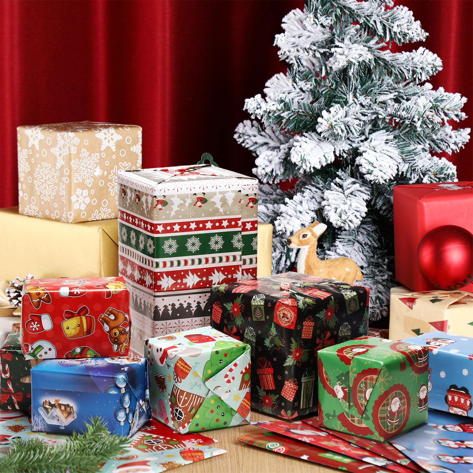 Cholemy 72 Sheets Christmas Gift Wrapping Papers 20" x 29" Holiday Santa Candy Canes Tree Snowflakes 24 Designs Gift Wrapper Folded Xmas Wrapping Sheets for Holiday, Party, Celebration, Folded Flat