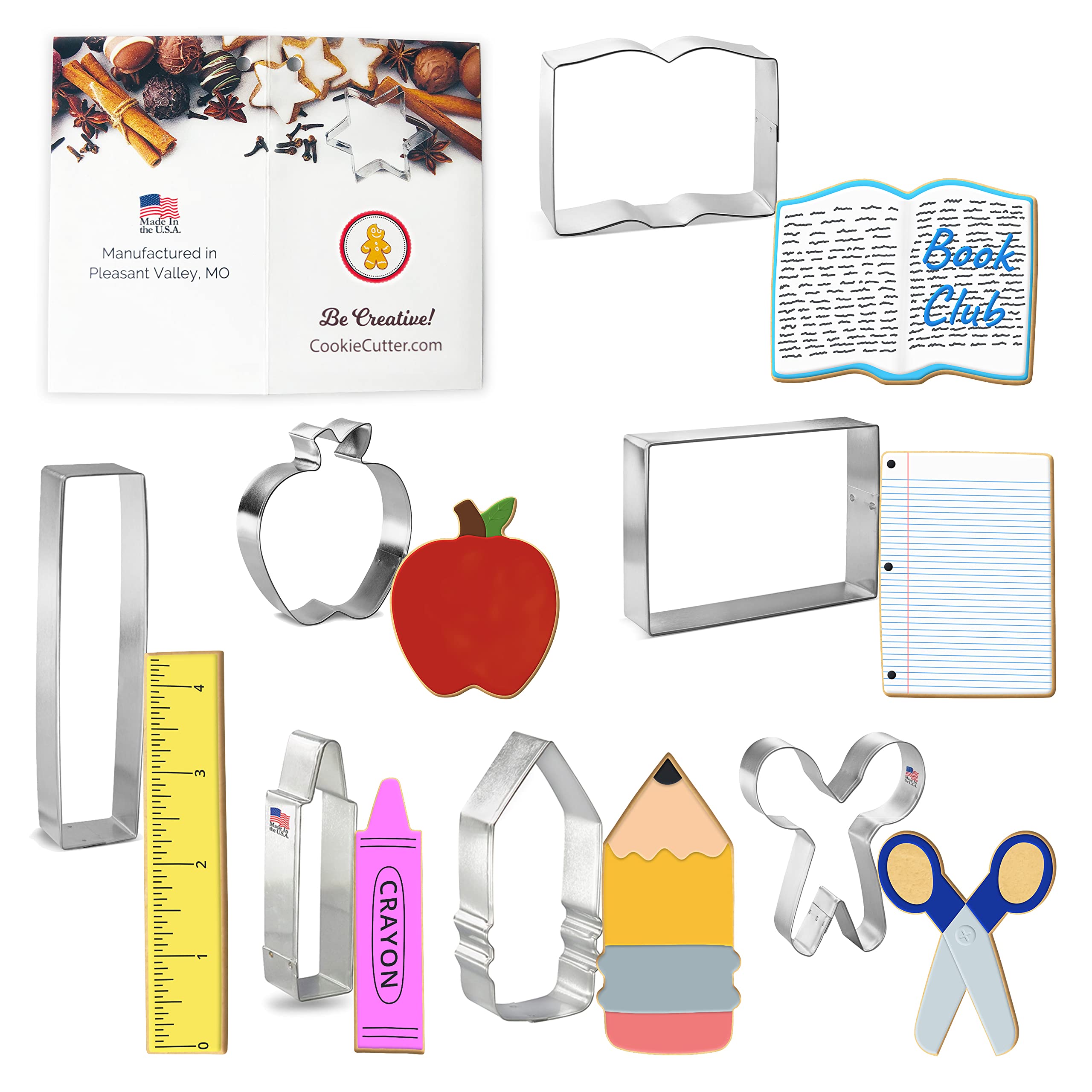 Foose Brand Back To School Teacher Appreciation Cookie Cutter 7 Pc Set âSchool Book, Ruler, Crayon, Scissors, Rectangle, apple, and pencil Cookie Cutters Hand Made in the USA from Tin Plated Steel