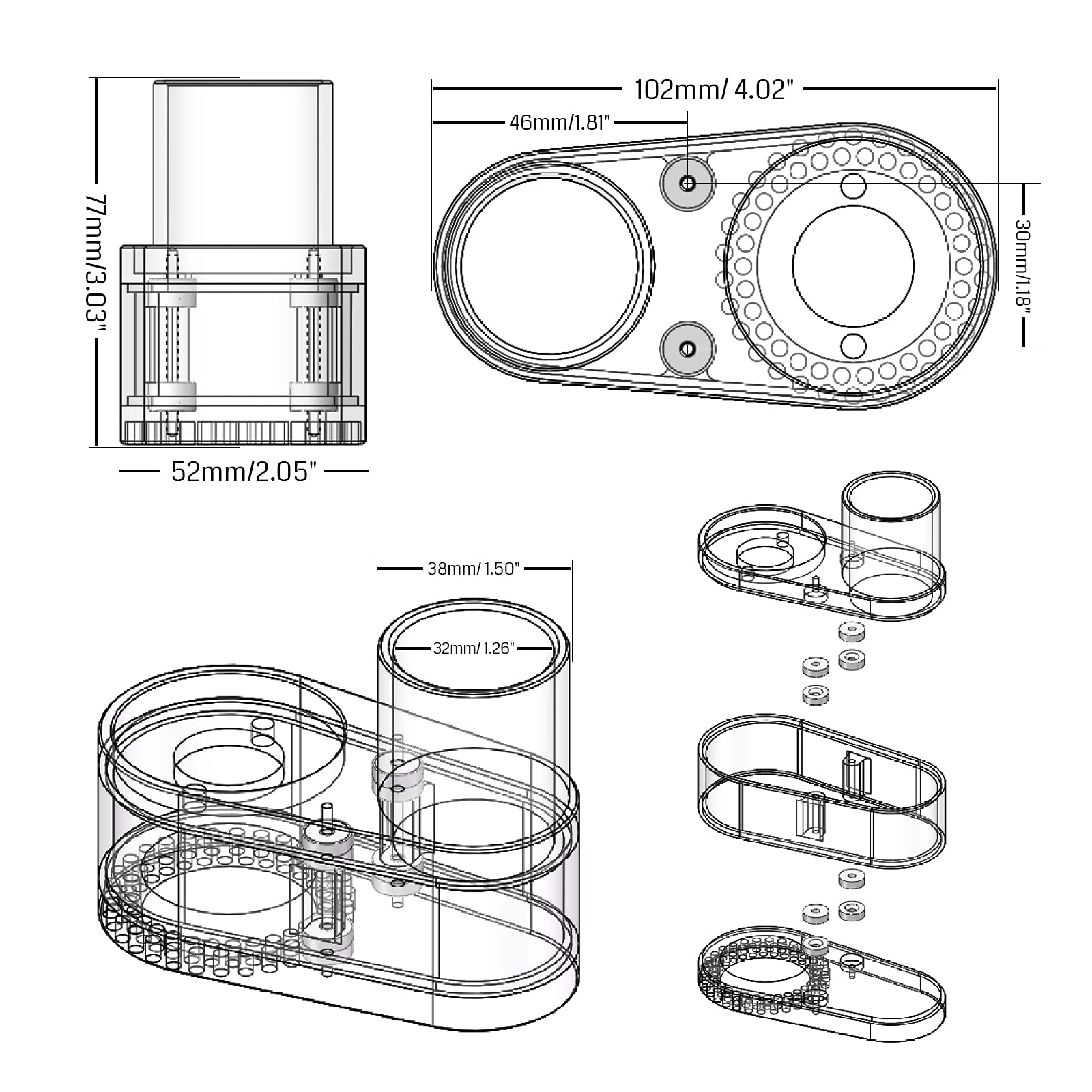 Genmitsu CNC Dust Shoe ABS Cover Cleaner for 3018 Series CNC Router/CNC Machines with a 42mm Diameter Motor, Hose Adapter Outer Diameter 38mm (1.5″), Transparent