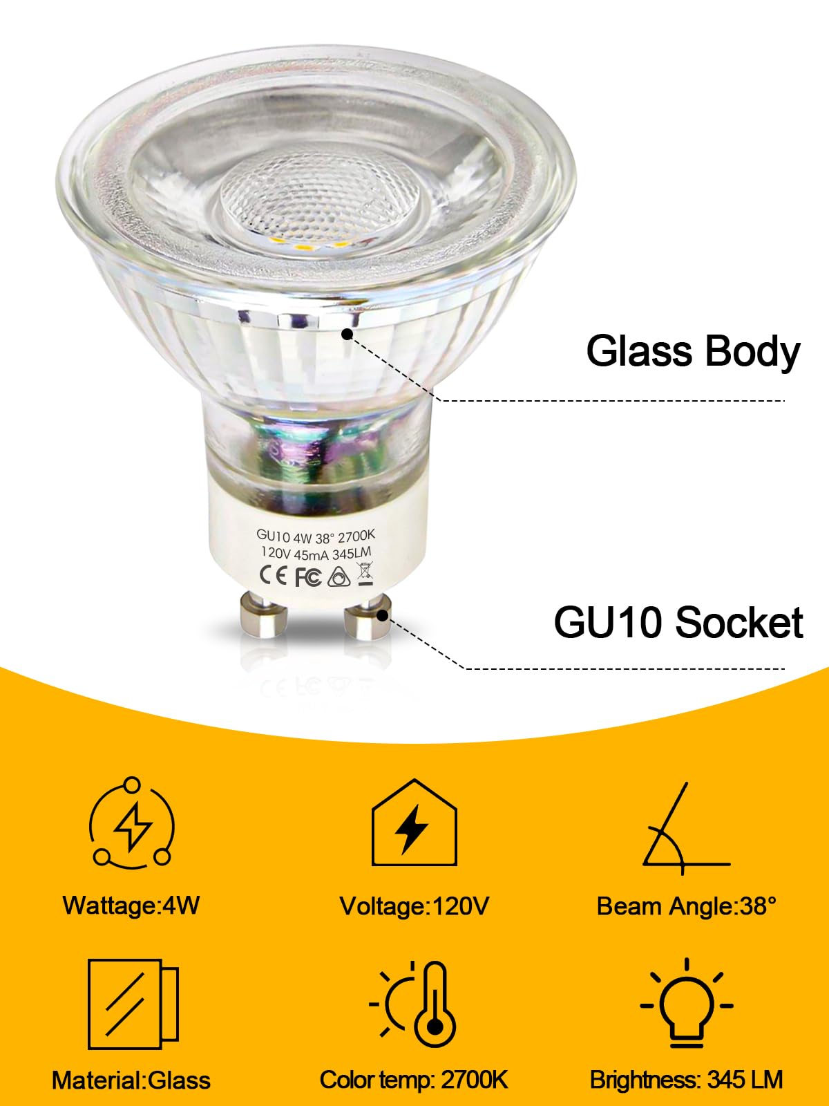 Levidon GU10 LED Bulbs Dimmable, Warm White 2700K, 4W LED Spotlight Bulb, 50W Halogen Equivalent, 120V 345 Lumen 38° Beam Angle, Pack of 6