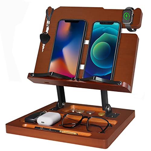 NIUXX Wood Book Shelf Adjustable, Nightstand Organizer for Phone Watch Coins Key, Foldable Tablet Holder Laptop Rack Desktop Docking Station for Office, Men Husband Wife Anniversary Graduation Gift