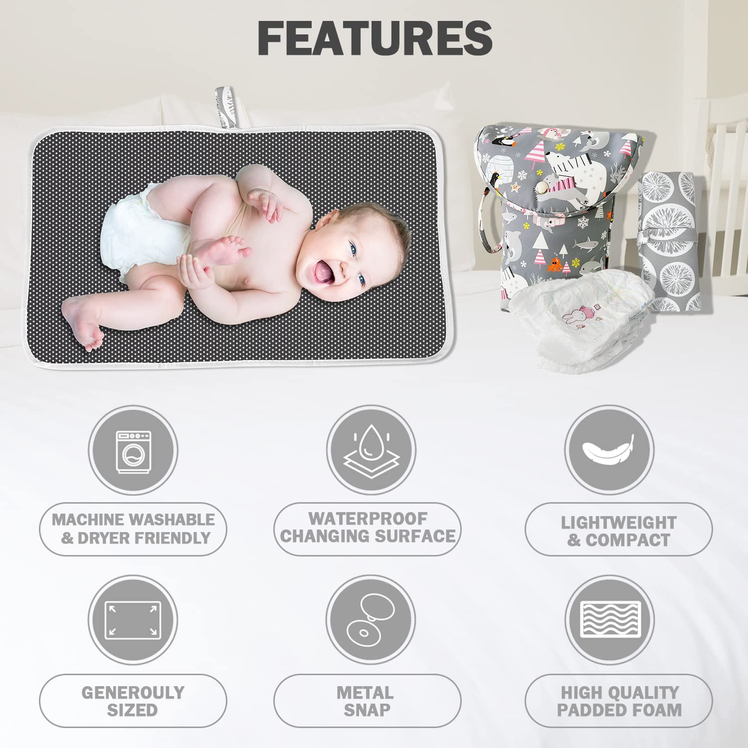 Portable Baby Changing Pad and Diaper Bag, Amenpoki Travel Changing Pad and Diapers Storage Bag, Foldable Waterproof Diaper Pad for Babies with Stroller Diaper Hanging Bag