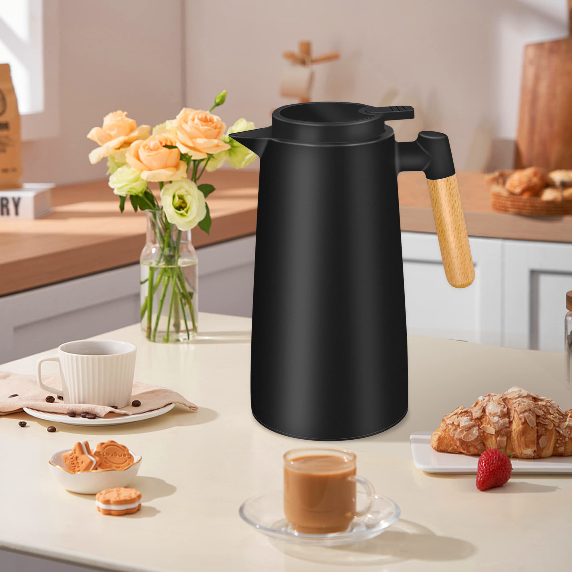 CUDINHAM Thermal Coffee Carafe,24H Long-Lasting Heat Preservation Coffee Carafes for Keeping Hot, 34Oz/1L, One-Button Water Spout, Double Wall Vacuum Coffee Thermos with Solid Wood Handle.(Black)