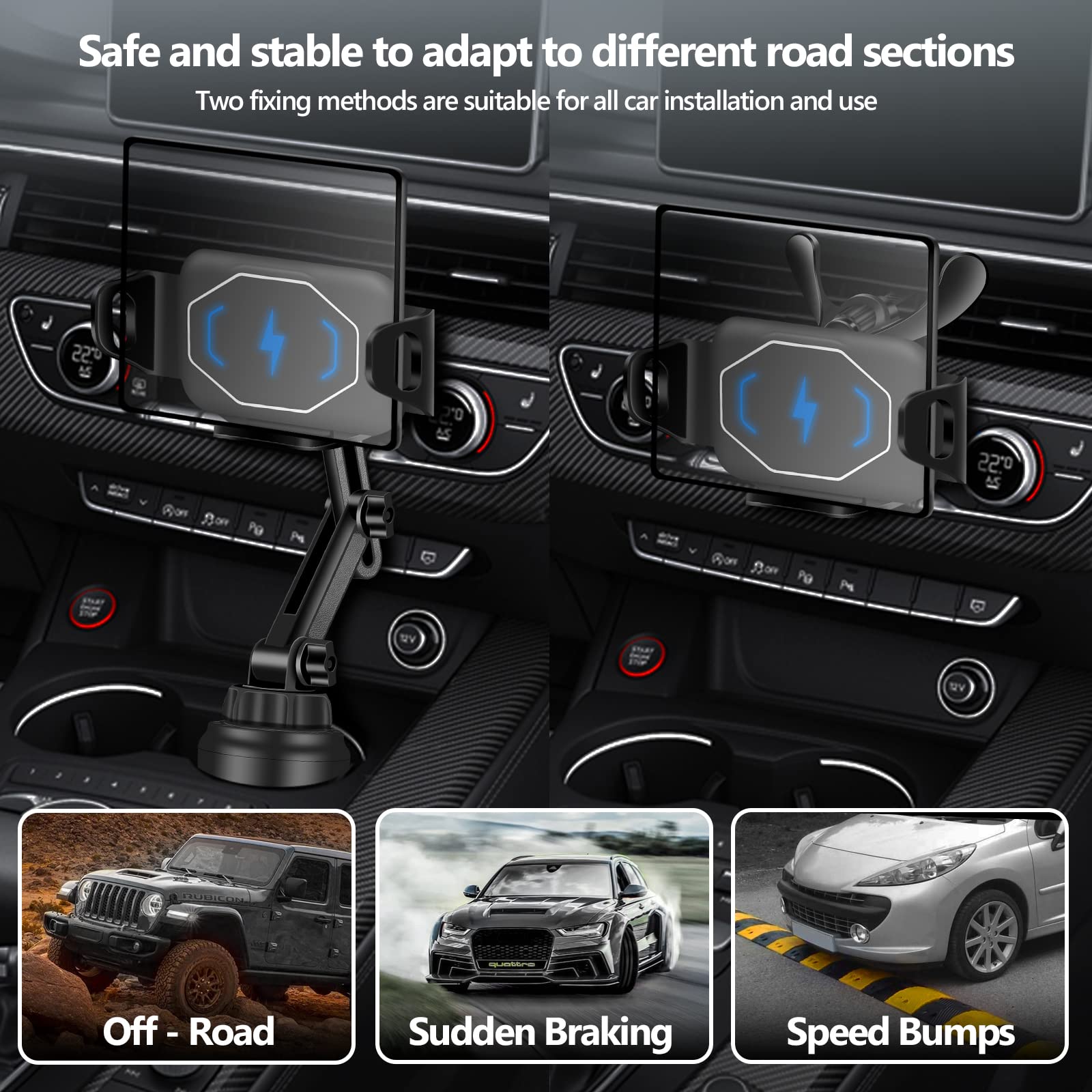FULNEY Wireless Car Charger Mount, Cup Holder Phone Mount, Air Vent Mount, 15W Qi Charging, Compatible for Galaxy Z Fold 4/3/2/S23 Ultra, iPhone 14 Pro Max, Auto Clamping 5.6in-7.4in