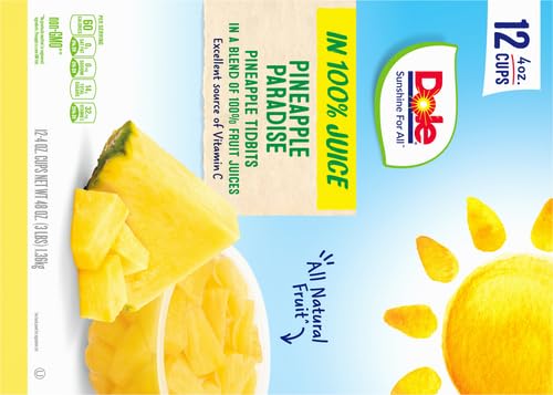 Dole Pineapple Paradise Pineapple Tidbits in a Blend of 100% Fruit Juices Snacks, 4oz 12 Total Cups, Gluten & Dairy Free, Bulk Lunch Snacks for Kids & Adults