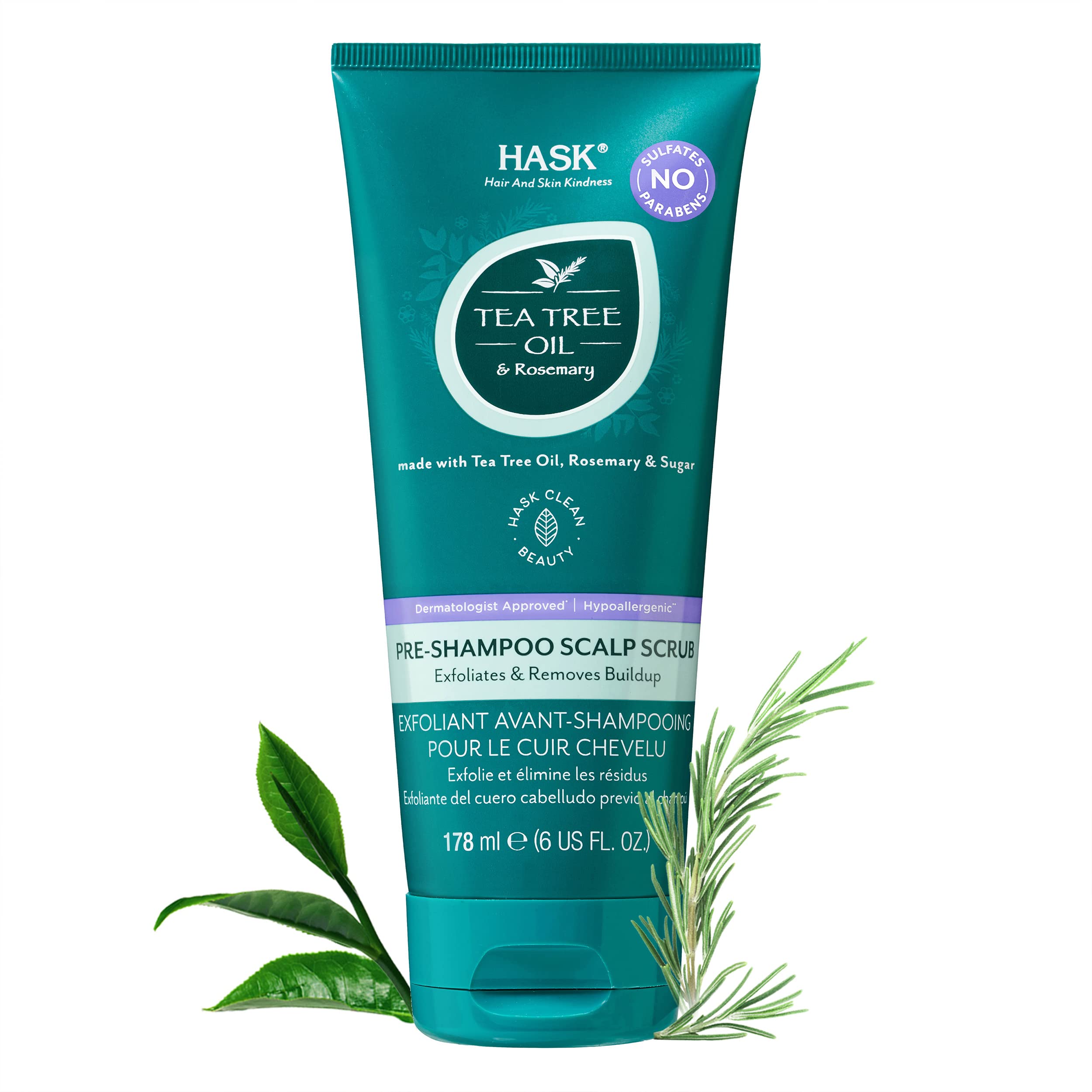 Hask TEA TREE OIL & ROSEMARY Pre-Shampoo Scalp Scrub for All Hair Types, Color Safe, Gluten-Free, Sulfate-Free, Paraben-Free, Cruelty-Free, 6 OZ