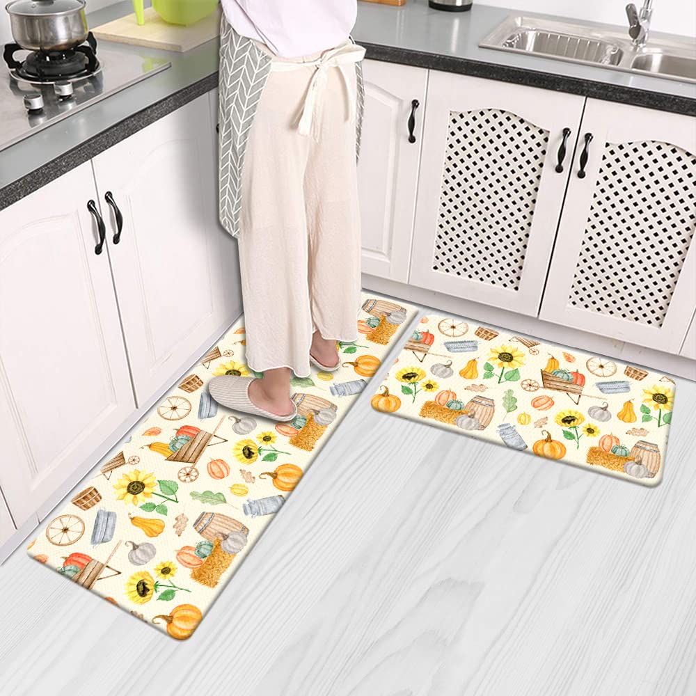 Colorful Star Pumpkin Sunflower Kitchen Mats for Floor 2 PCS Yellow Leather Kitchen Rug Set Waterproof Non-Slip Anti Fatigue Mat for Kitchen Laundry Decor 17"x29"+17" x47 Sunflower Pumpkin Harvest