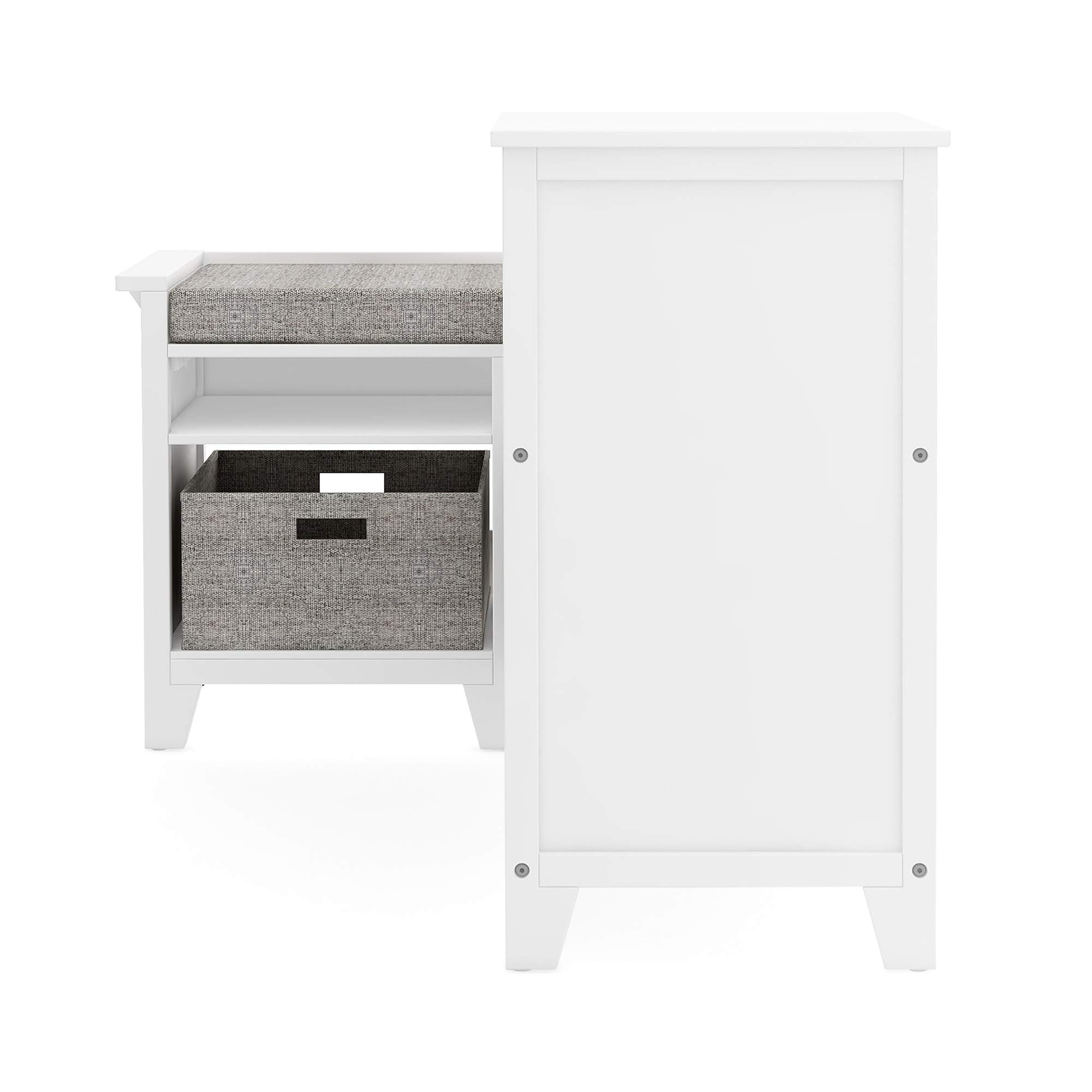 Martha Stewart Kids' Corner Nook - Creamy White: Wooden Storage Bench Bookcase Organizer with Seat Cushion and Fabric Bins for Reading in Bedroom or Playroom