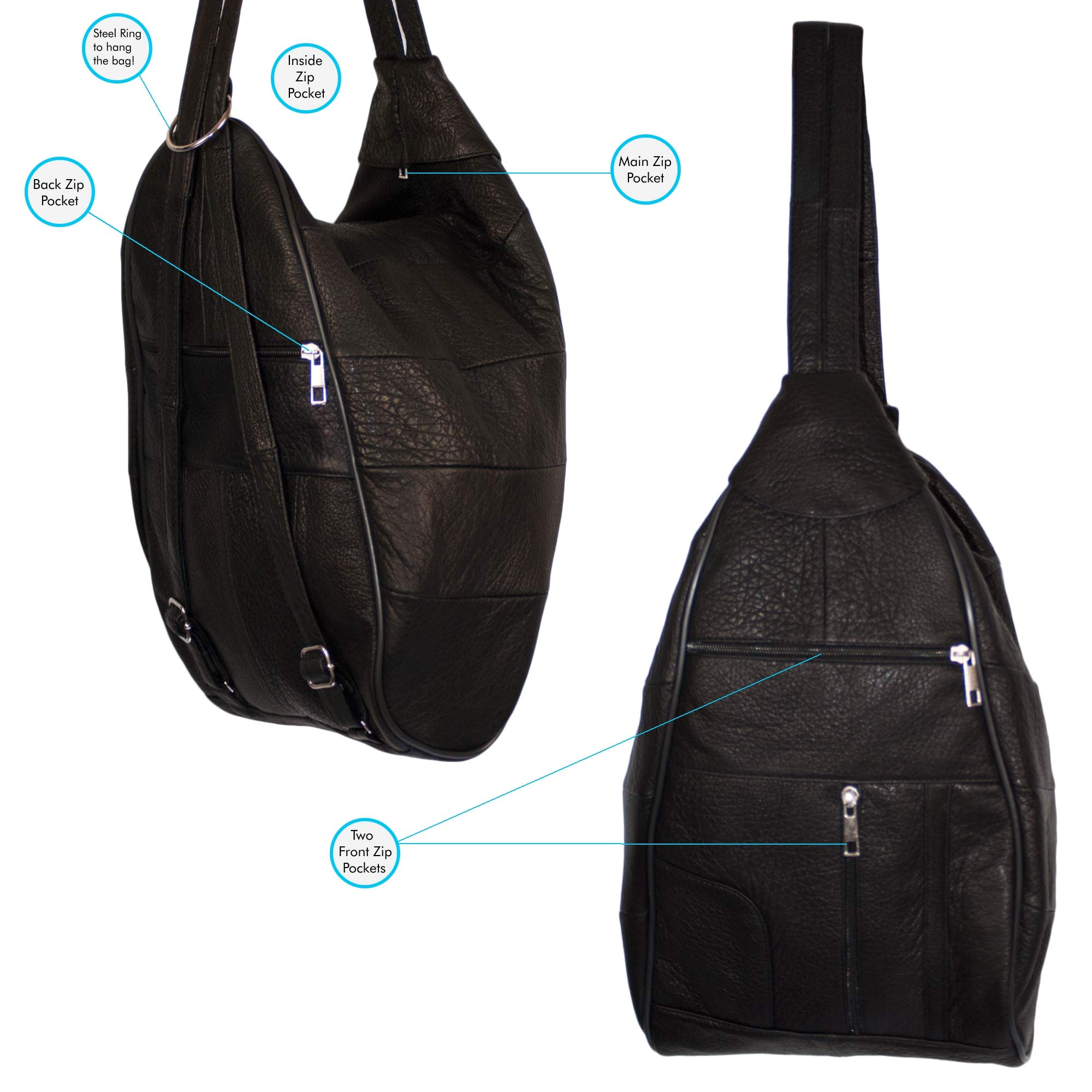 Dazoriginal Hobo Bags Slouch Backpack Handbag Shoulder Bag Genuine Leather Day (BLACK)