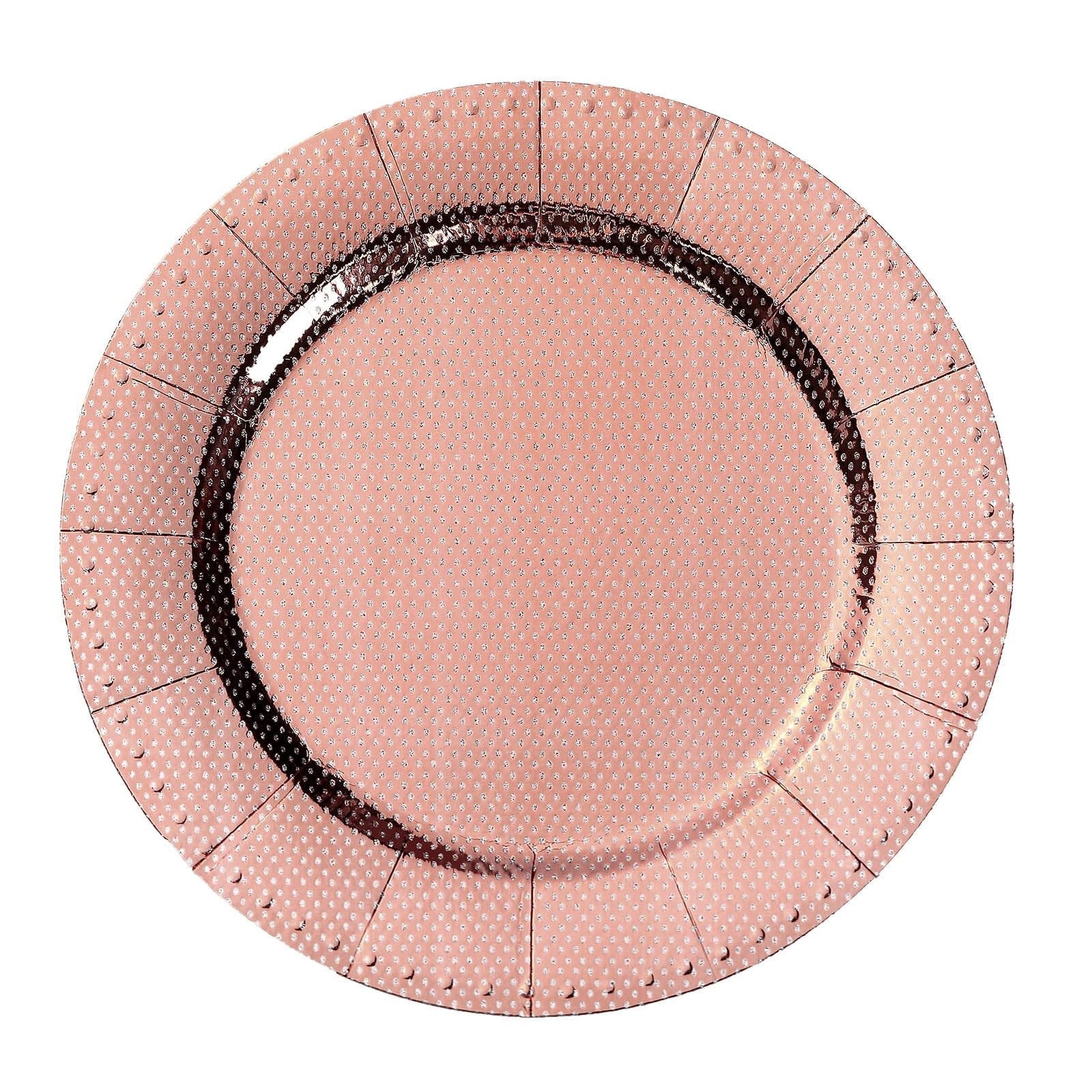 Efavormart 10 Pack | 13" Rose Gold Disposable Charger Plates, Cardboard Serving Tray, Round with Glitter Texture Dotted Rims - 1100 GSM