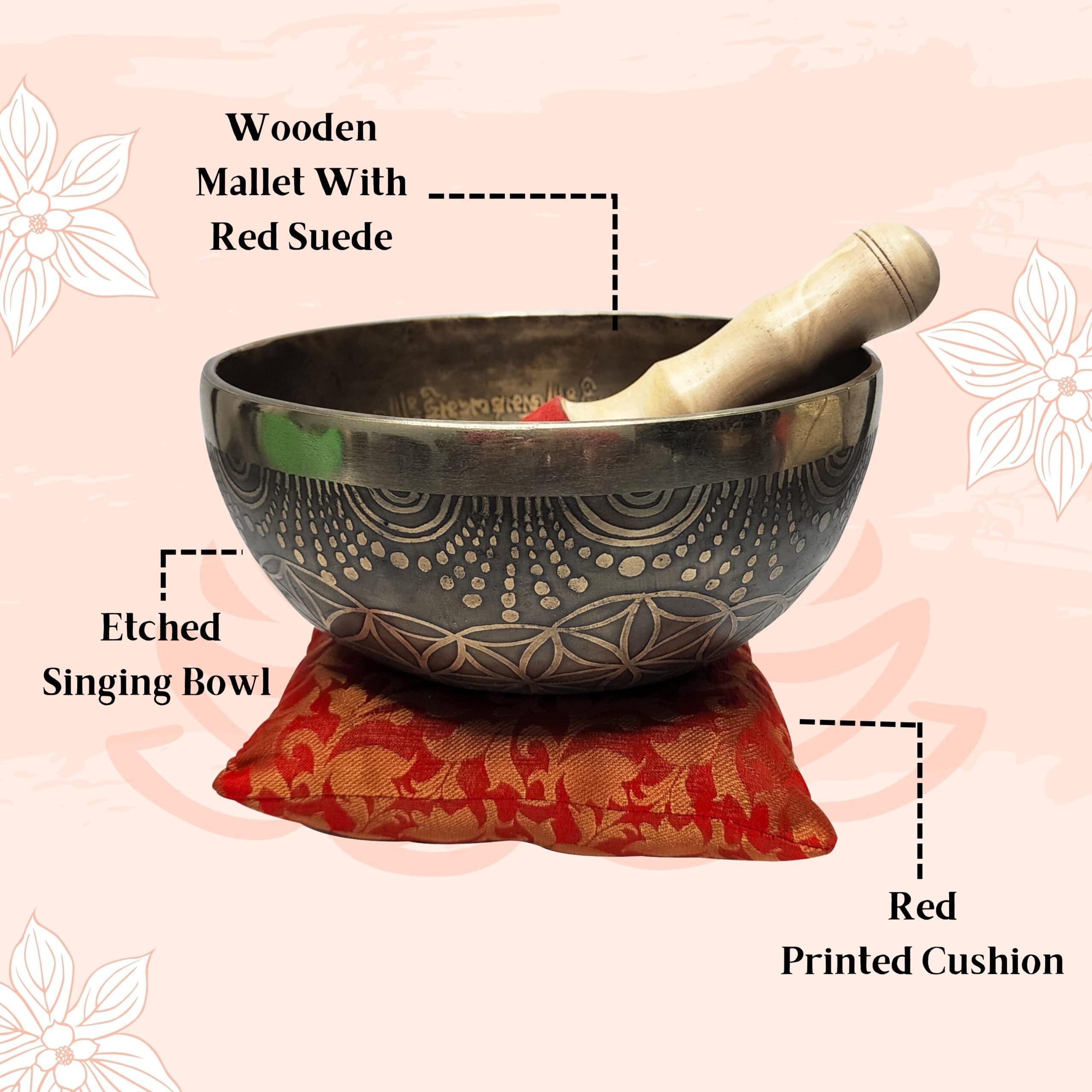 CRAFTSTRIBE 10" Large Hand Hammered Tibetan Carving Singing Bowl Meditation Healing Bowl with Mallet and Silk Cushion Golden