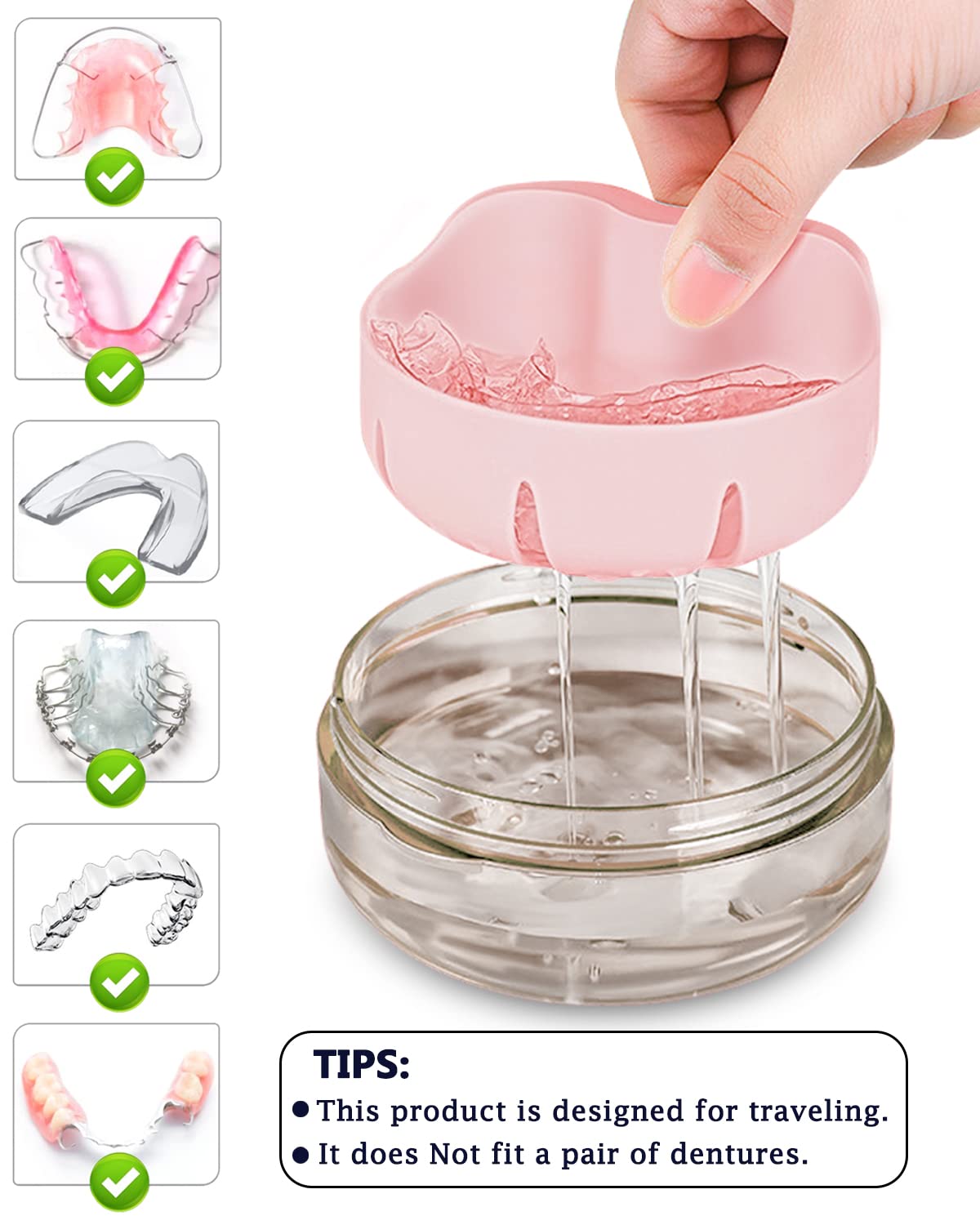 Denture Case, Definitely No-Leak Denture Bath Box for Traveling Perfectly, Denture Cup with Strainer & Magnetic Mirror,Completely Clean Care for Retainer, Mouth Guard, & Denture(PINK)…