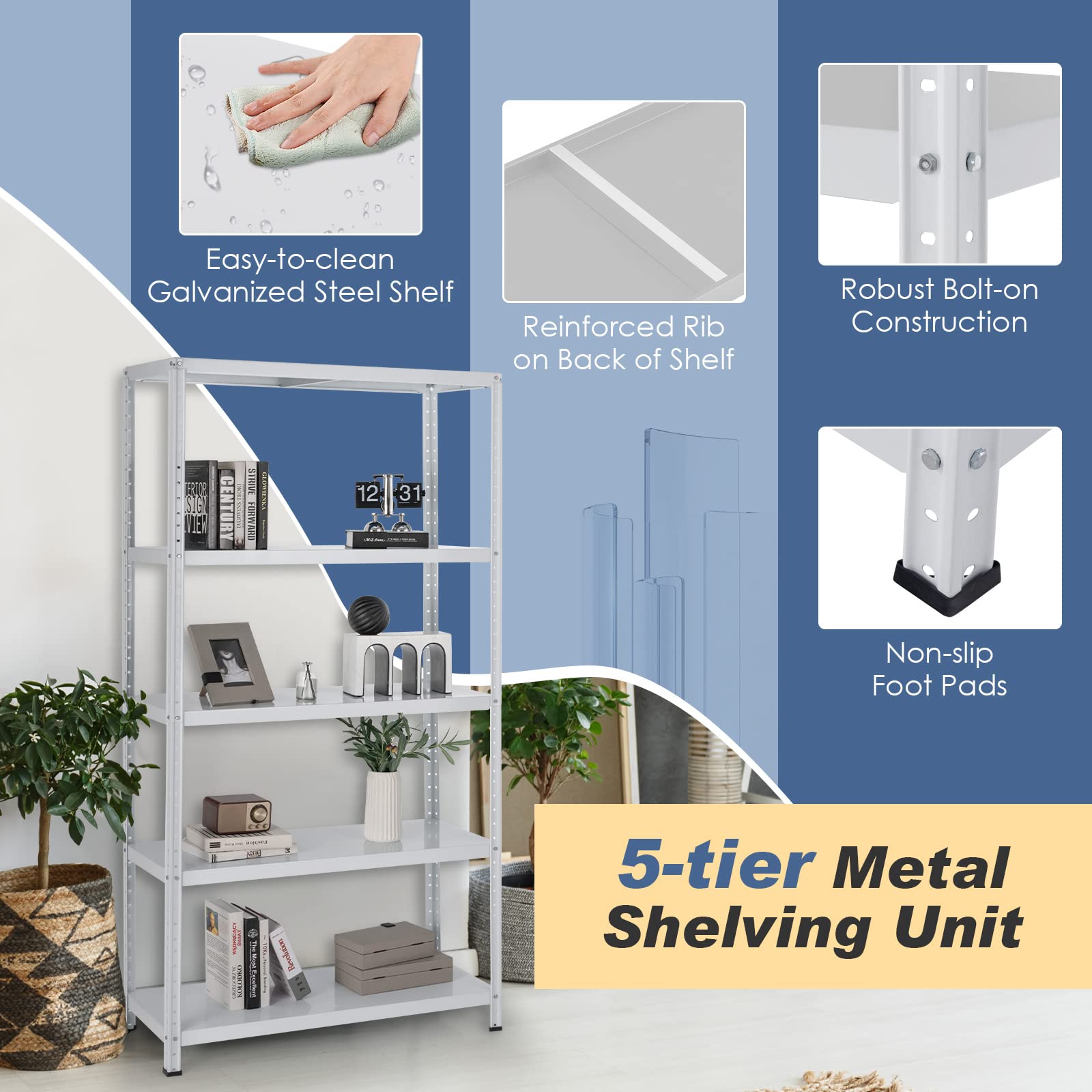 GOFLAME 5-Tier Metal Storage Shelves, Adjustable Garage Storage Shelving Unit, Heavy Duty Galvanized Utility Shelf Rack for Home, Warehouse, Garage, Workshop, 39" x 16" x 74", White, 1 Pack