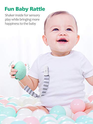 DINO EGGIE Dinosaur Egg Baby Teething Toy Rattle Teether, Made with 100% Food-Grade Silicone for Infant Boys Girls 2m+ (Blue)
