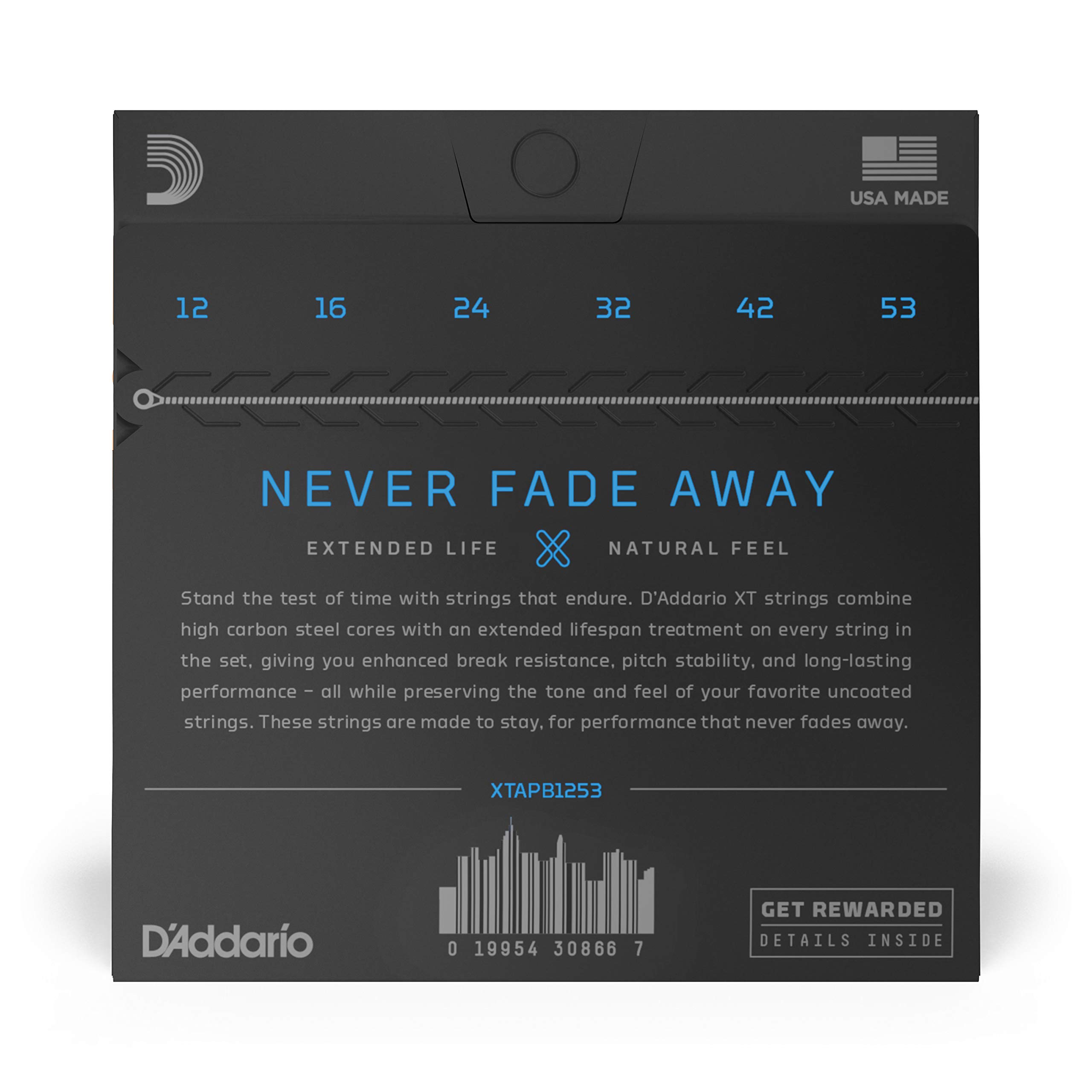 D'Addario Guitar Strings - XT Phosphor Bronze Coated Acoustic Guitar Strings - XTAPB1253 - Extended String Life with Natural Tone & Feel - For 6 String Guitars - 12-53 Light