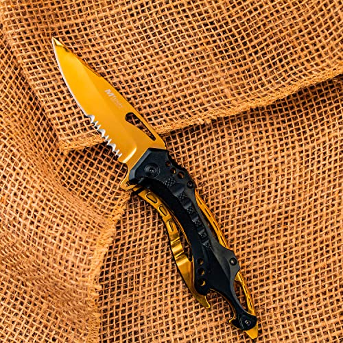MTech USA β Spring Assisted Folding Knife β Partially Serrated Gold TiNite Coated Stainless Steel Blade, Black Aluminum Handle, Pocket Clip, Tactical, EDC, Self Defense- MT-A705BG