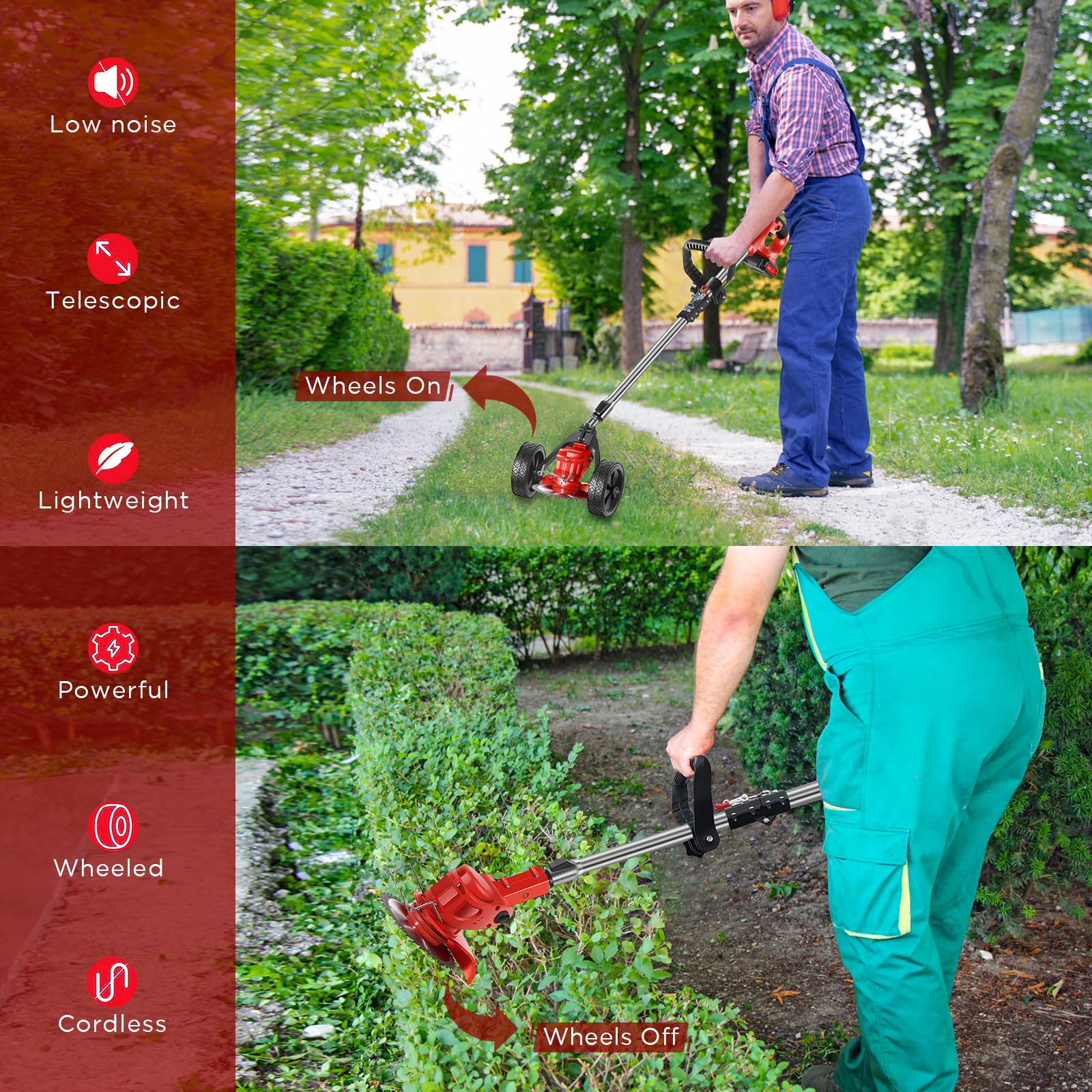 Cordless Weed Wacker, Electric Weed Eater Battery String Trimmers Edger Lawn Tool Bush Pruner 2.0Ah Battery Powered Grass Edger Foldable Stick Electric Mower w/Wheels