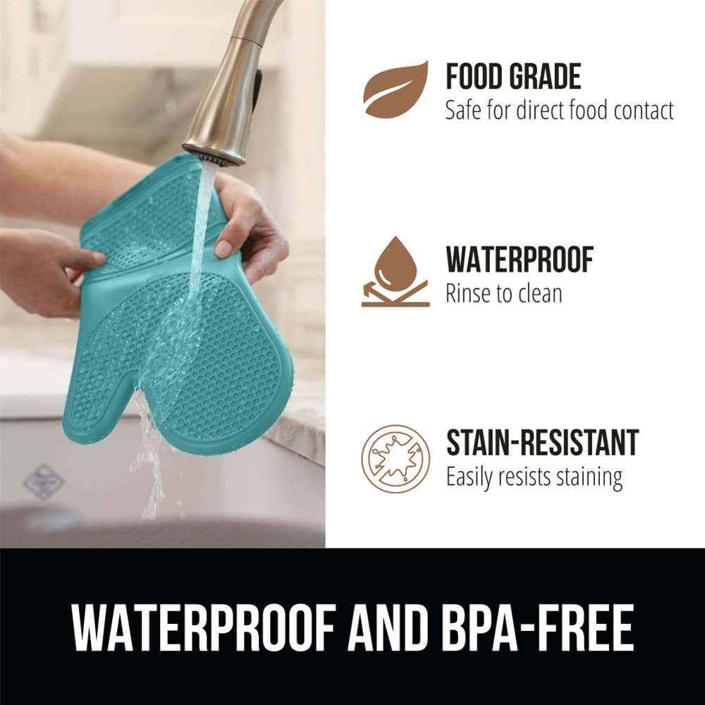 Gorilla Grip Silicone Oven Mitts Set of 2 and Silicone Baking Mats Set of 2, Silicone Oven Mitts are 14.5 Inch, Quarter Sheet Silicone Baking Mats, Both in Turquoise Color, 2 Item Bundle