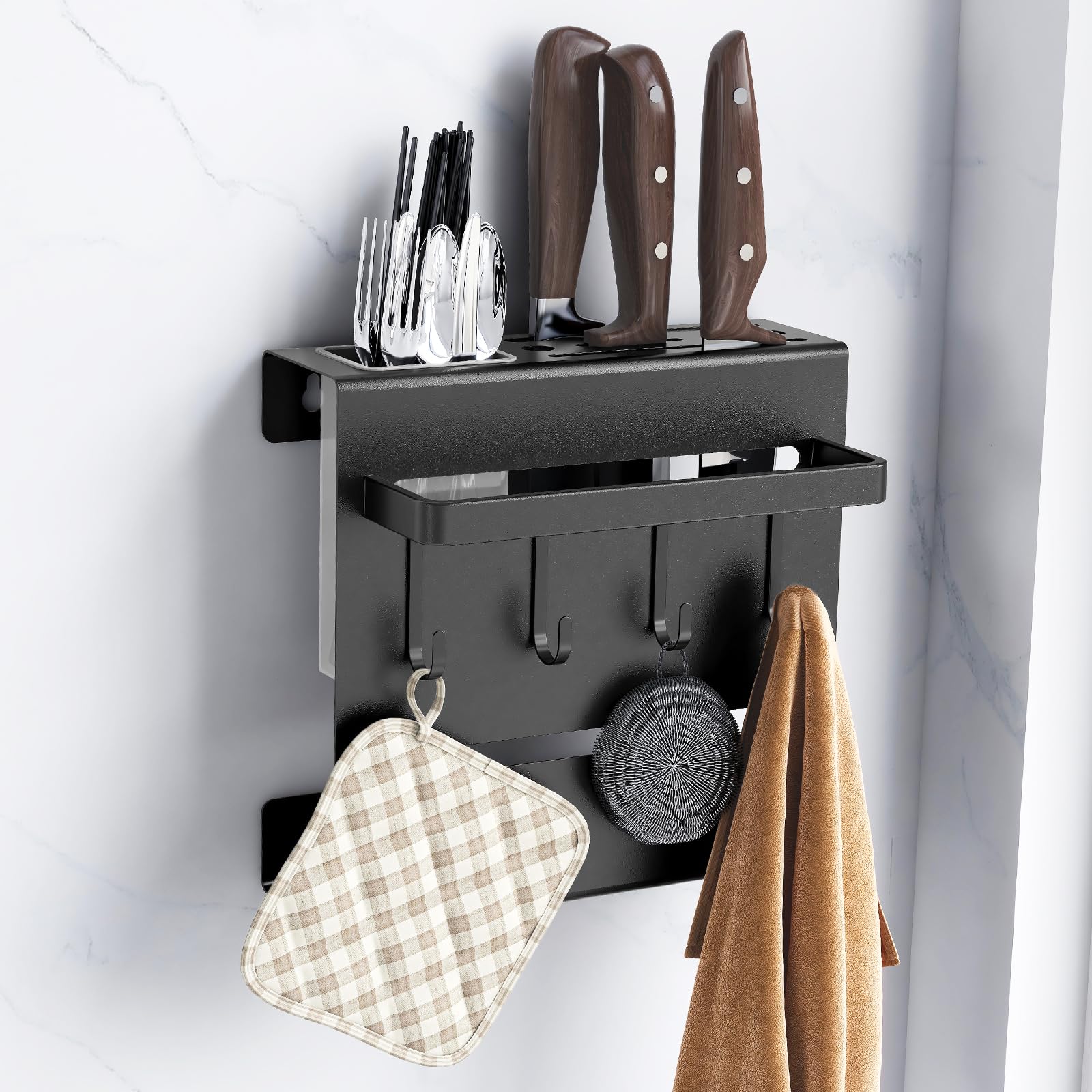 Gypie Knife Holder Without Knives, Multi-Functional Metal Knife Block, Adhesive Or Screw Wall Mount, Quick Draining Space-Saving Knife Storage Organizer for Kitchen (Black)