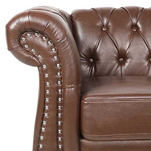 MIYZEAL Chesterfield Loveseat Leather, Modern Button Tufted Upholstered Sofa 2 Seater Couch, Mid-Century Roll Arm Classic PU Faux Leather Settee with Nailhead Trim for Living Room, 64'' (Dark Brown)