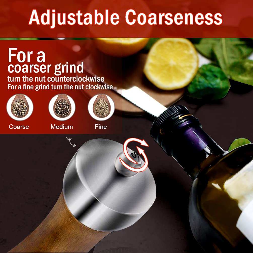 Salt and Pepper Grinders Refillable Set, Beech Wood Pepper Mill with Ceramic Mechanism, Solid and Durable Salt Grinders Suited for Sea Salt, Black Peppercorn (6'', Brown Set of 2)